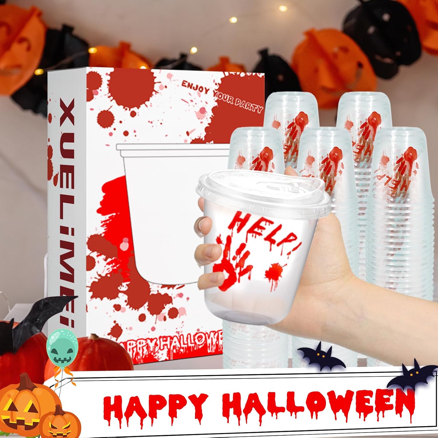 Qihe-12oz Blood Print Halloween Disposable Plastic Cups With Strawless ...