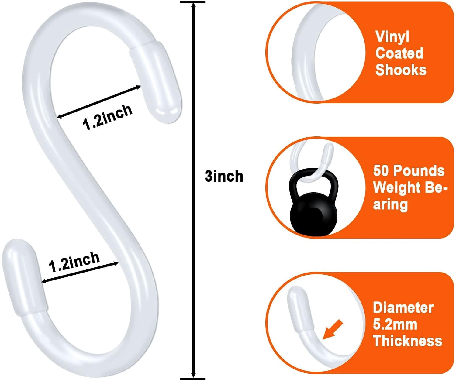 Qihe-24 Pack 3 Inch S Hooks White, Non Slip Vinyl Coated S Hooks for ...