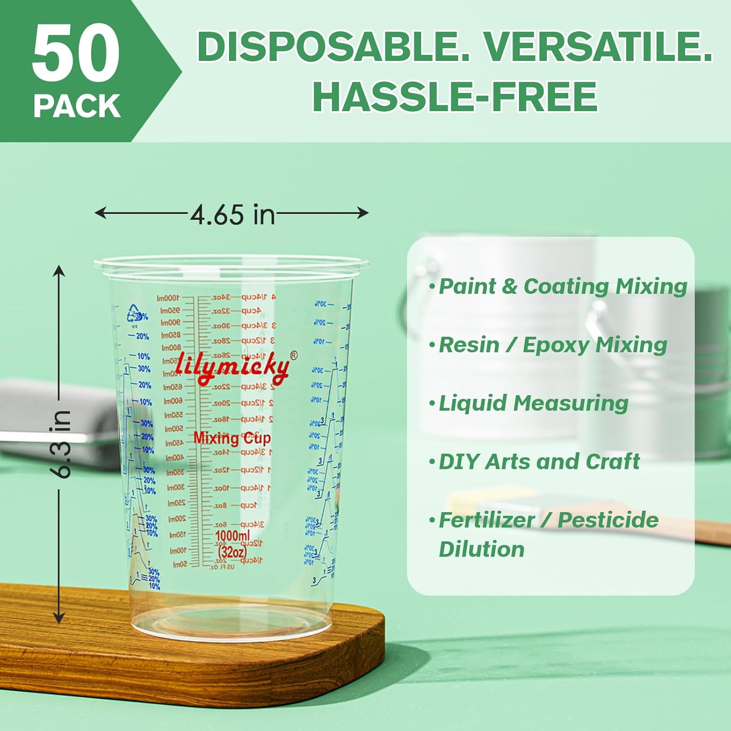 Qihe-50 PACK Plastic Measuring Cups, 32 oz (1000ml) Disposable Mixing ...