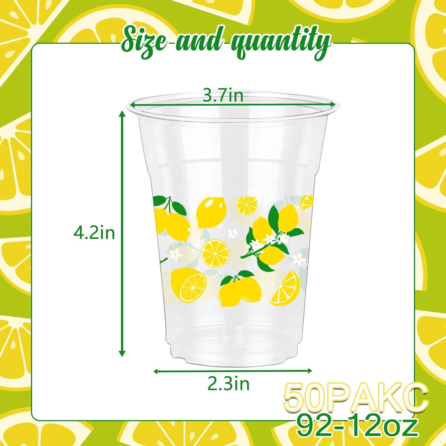 Qihe-50 Pack 12oz Lemon Party Cups, Clear Plastic Cups with Yellow ...