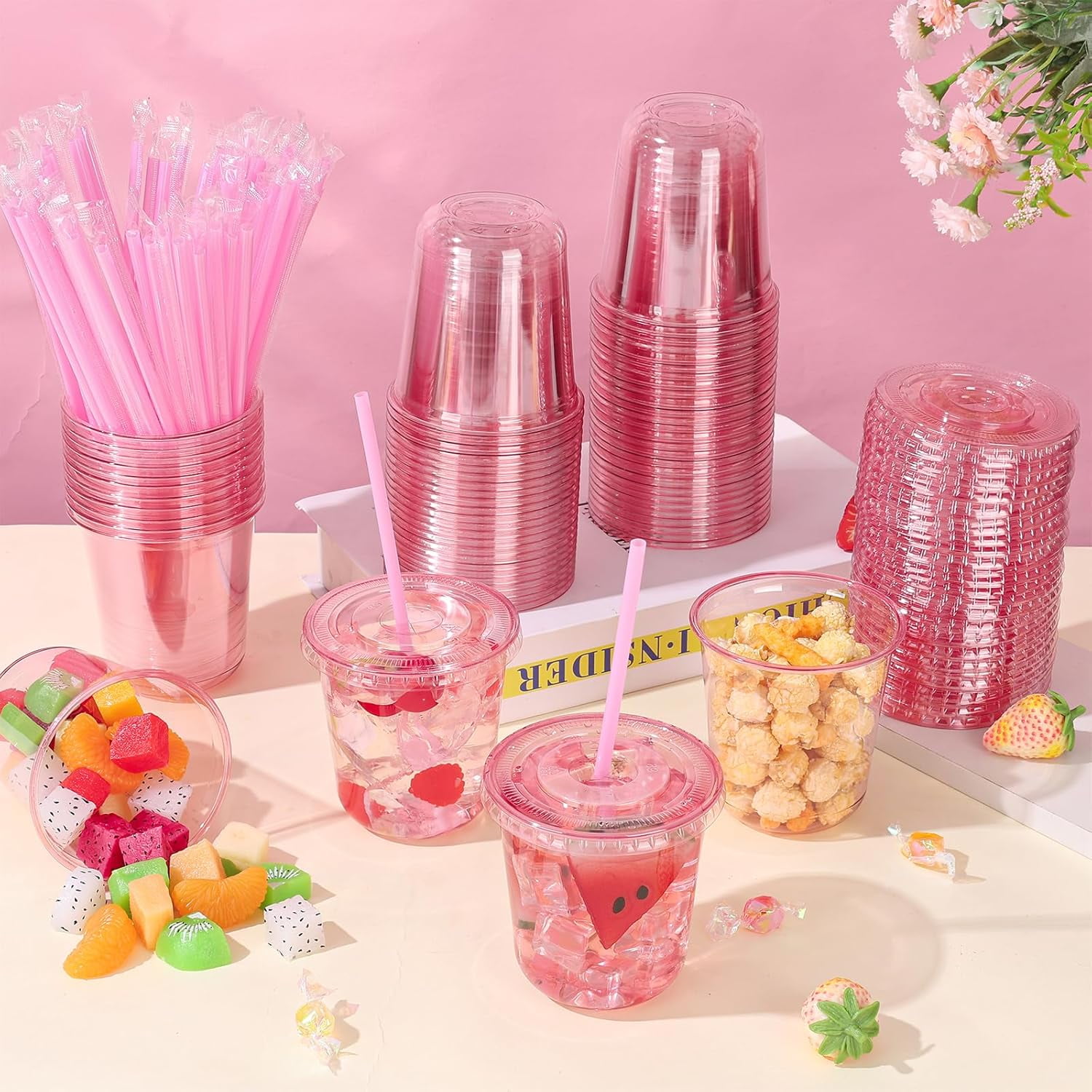 Qihe-50 Pack Pink Clear Plastic Cups with Lids and Straws, 12 oz ...