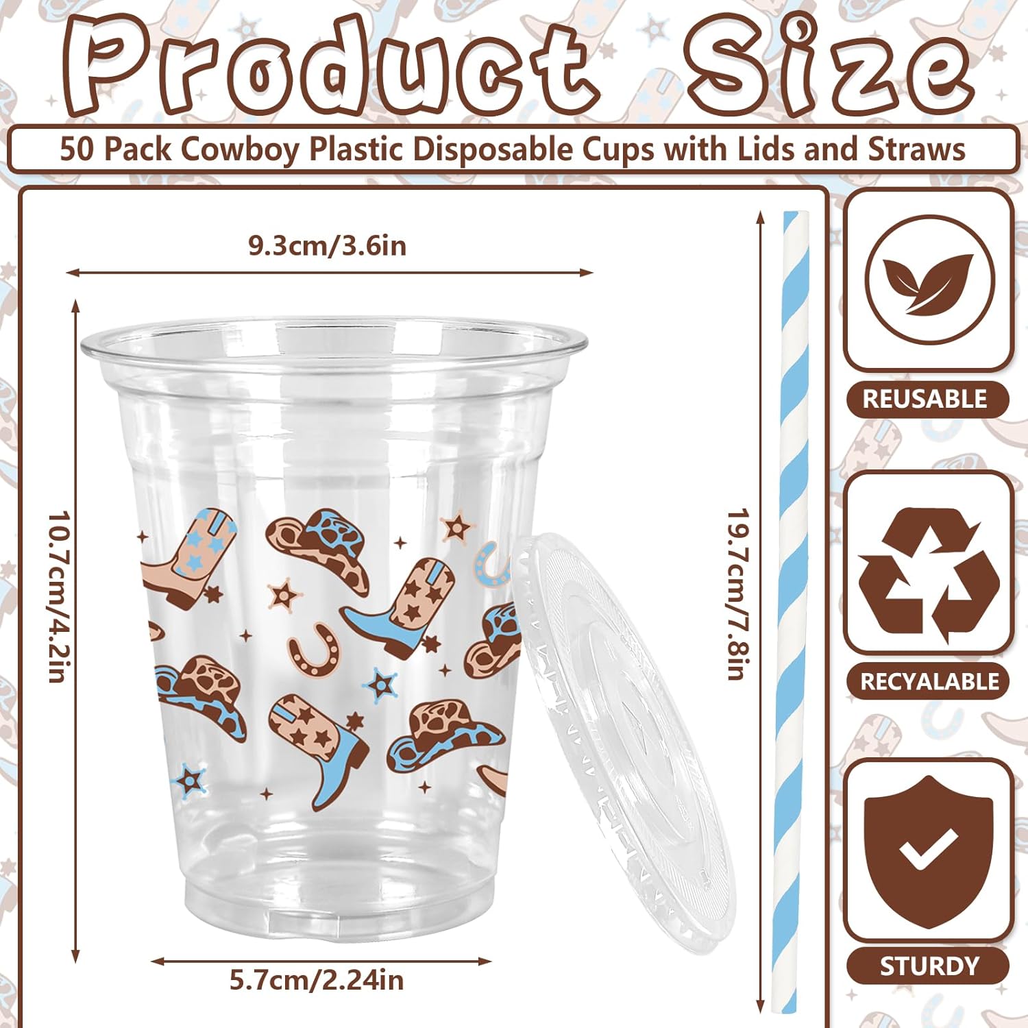 Qihe-50Pcs Cowboy Plastic Cups with Lids Straws Blue Brown Cowboy Hat ...