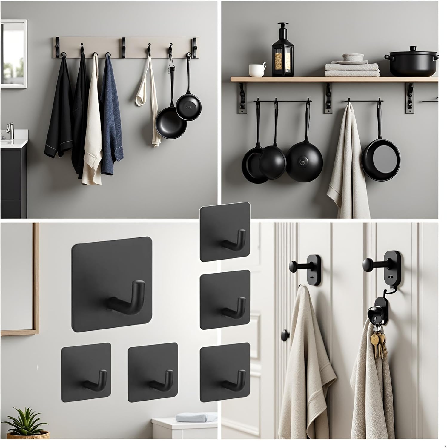 Qihe-6-Pack Stainless Steels Adhesive Wall Hooks Black,Easy ...