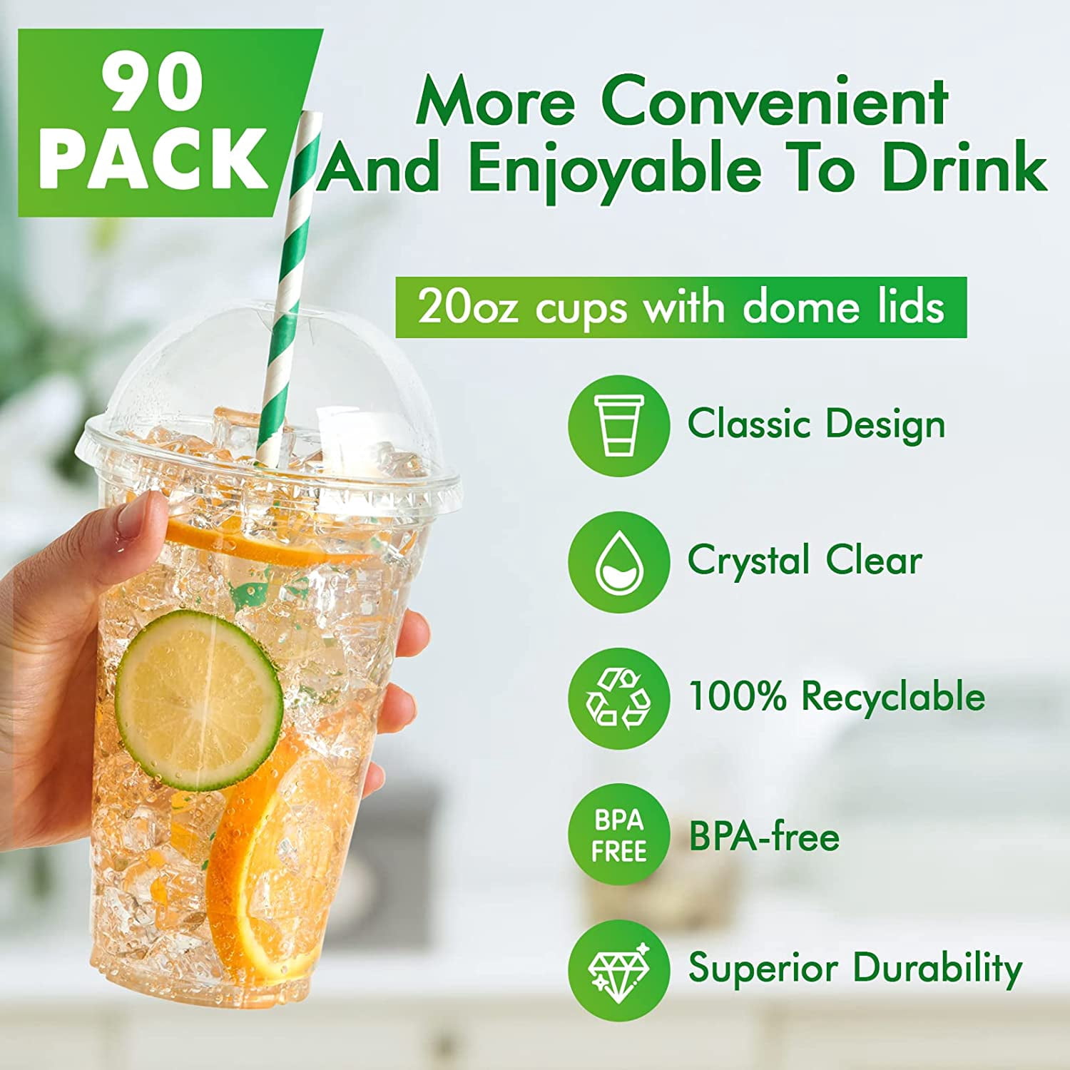 Qihe-90 Sets 20 oz Clear Plastic Cups with Dome Lids, 20 oz Disposable ...