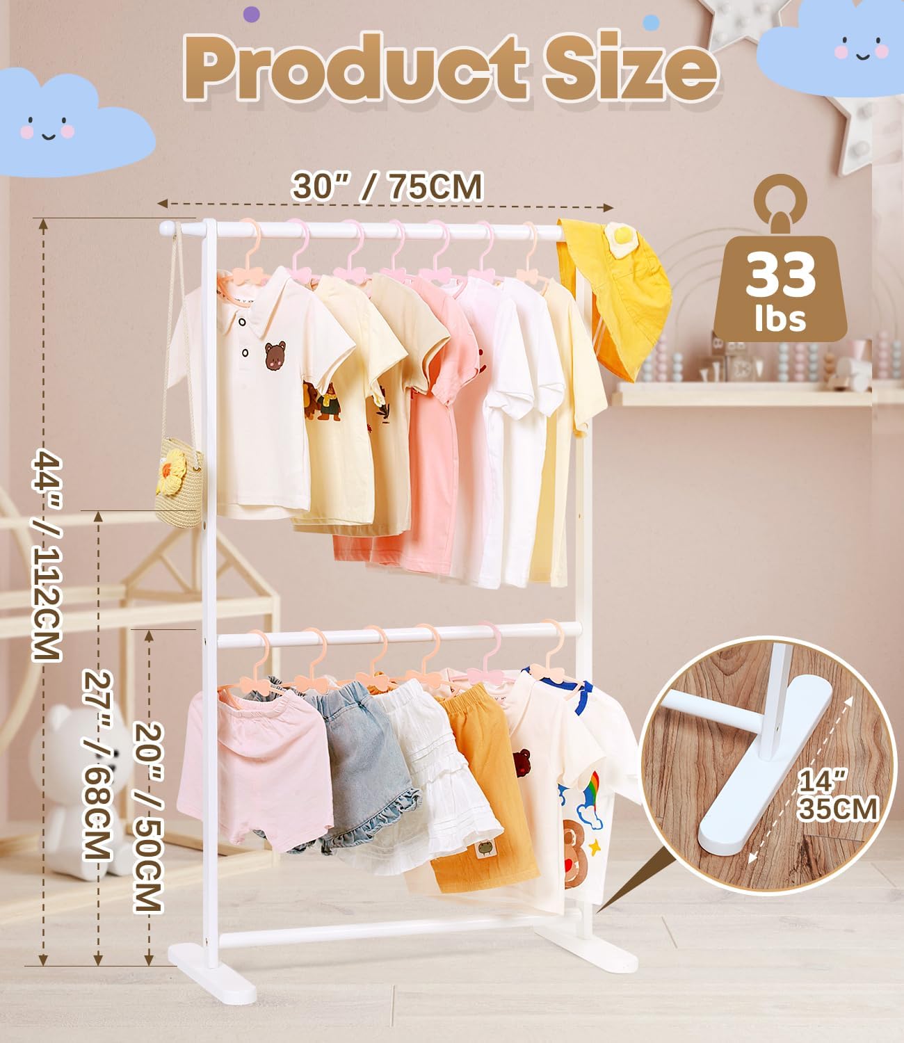 Qihe-Bamboo Kids Clothing Rack with Dual Poles, Child Dress Up Rack ...