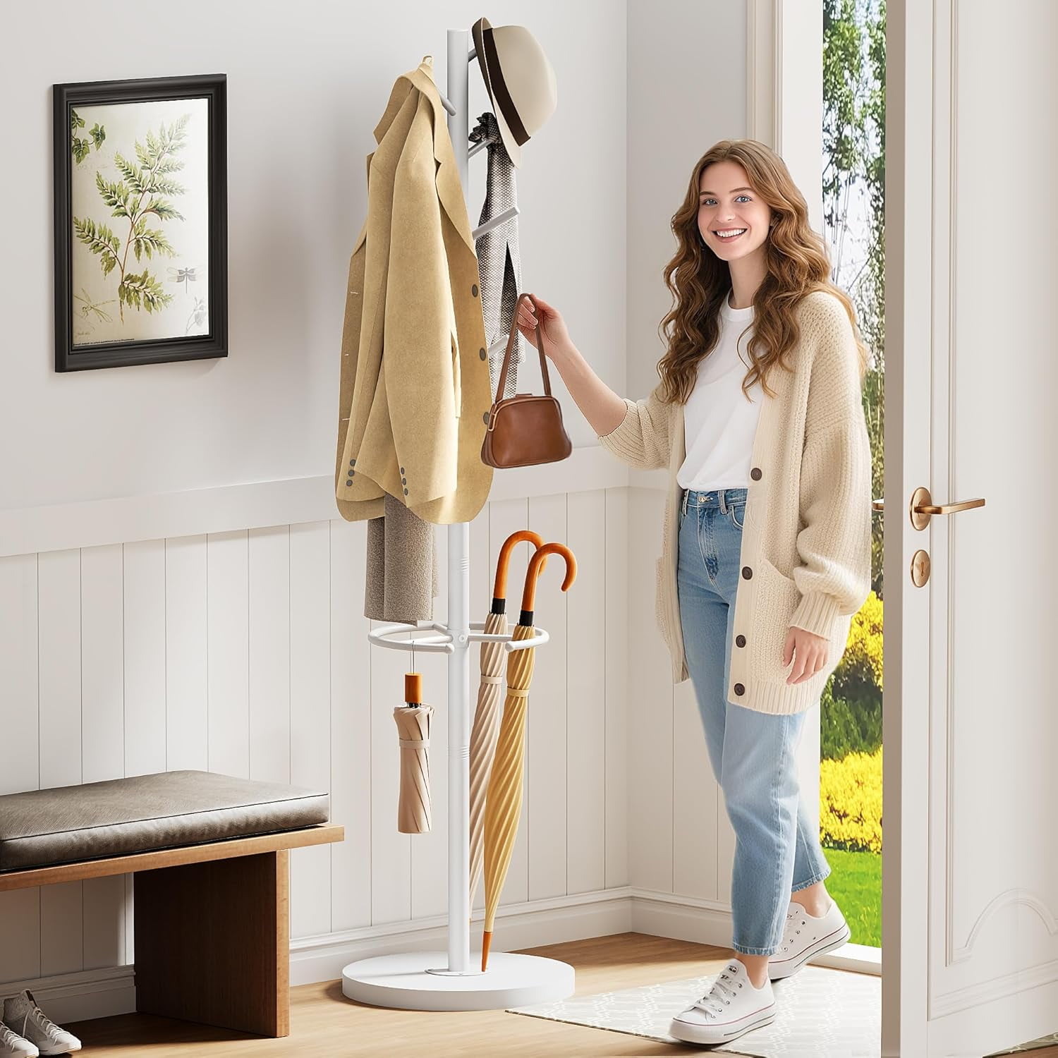 Qihe-Coat Rack Freestanding with Umbrella Holder, Coat Hanger Stand ...