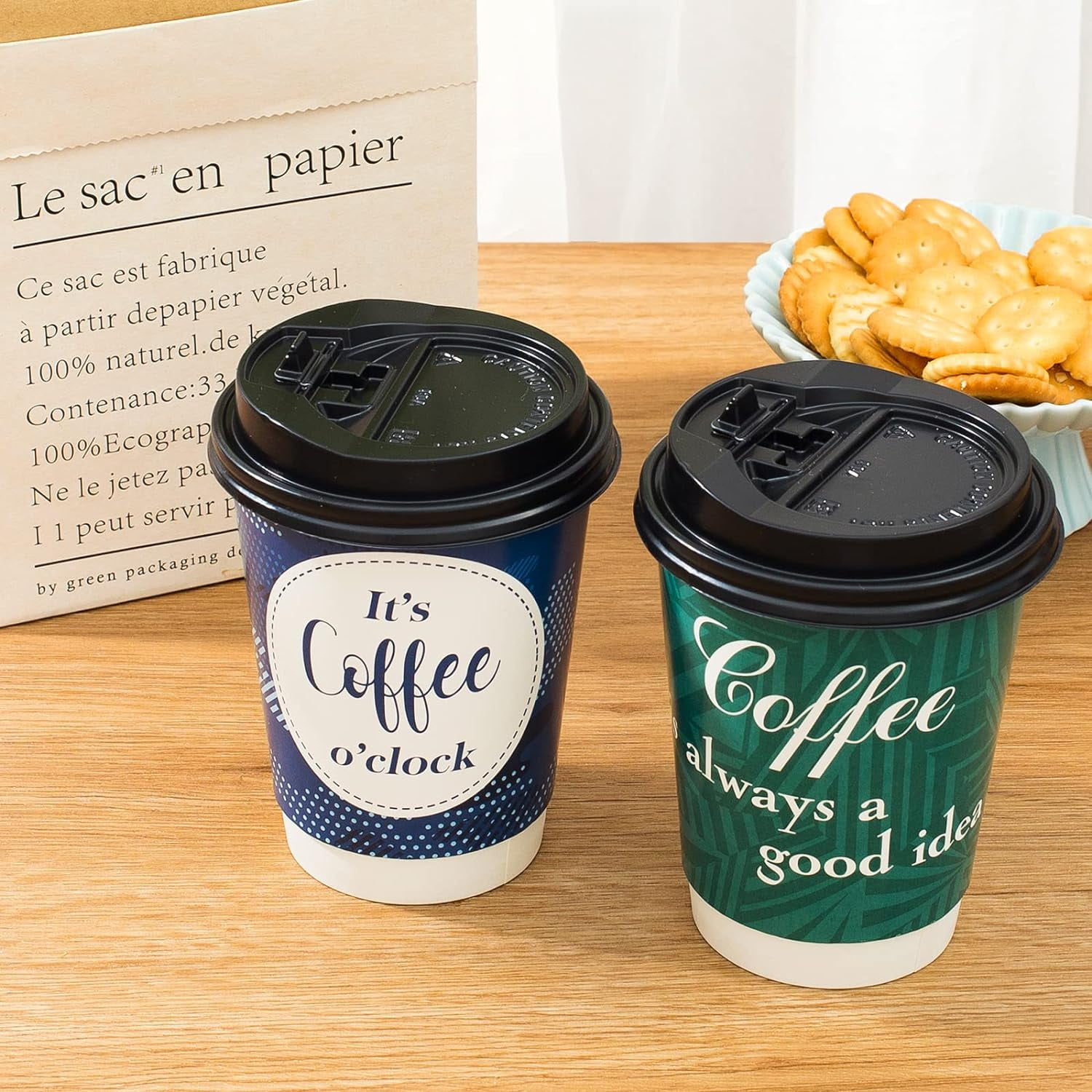 Qihe-Disposable Coffee Cups with Lids 12 oz, 50 Pack Double-Walled ...