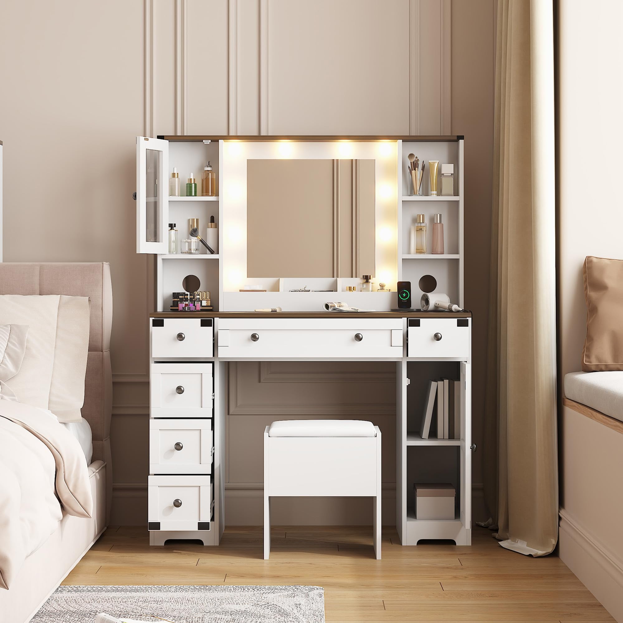 QinaQin Country-Style Dressing Table Set, Including Light and Mirror ...