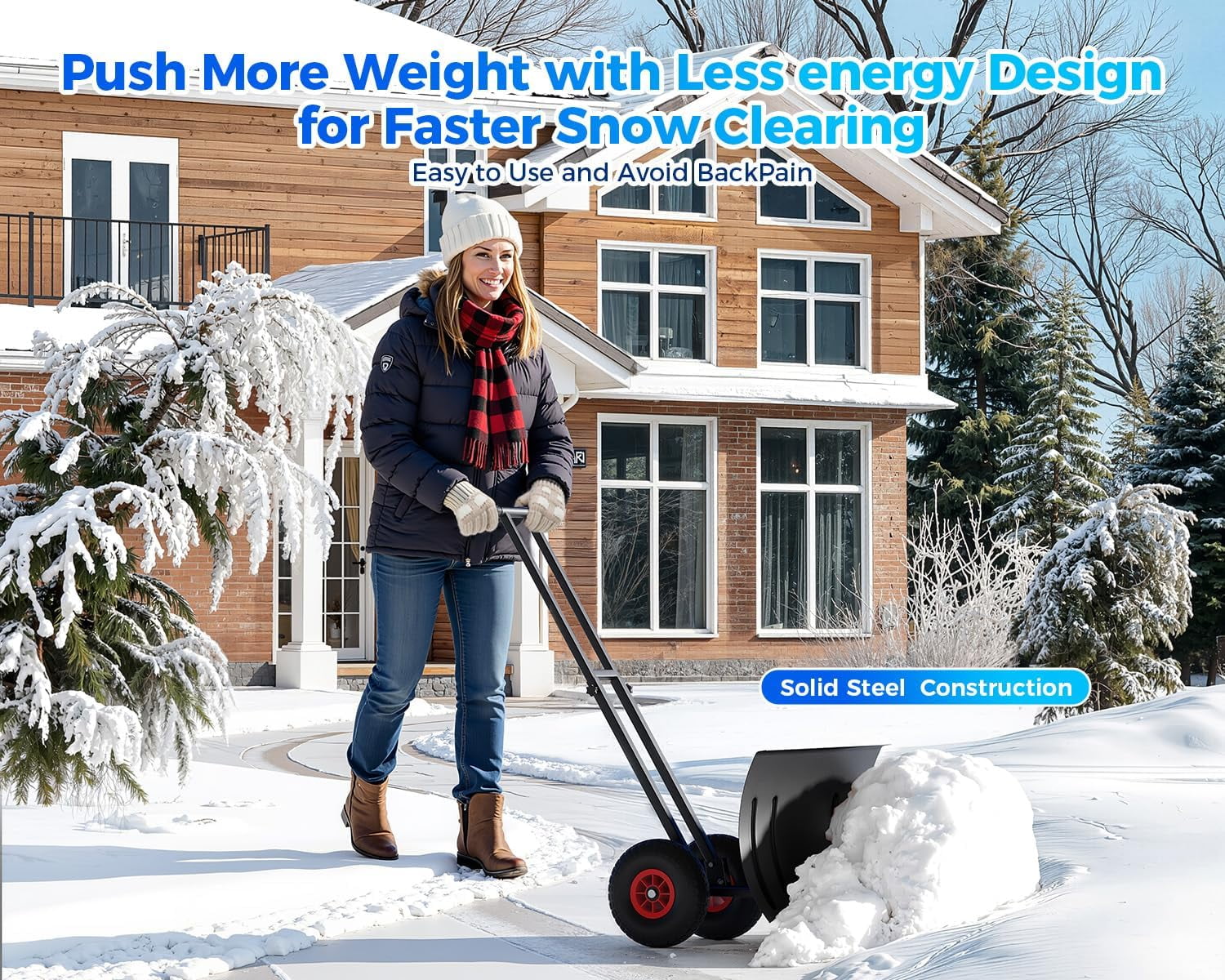 QinaQin Snow Shovel Pusher for Driveway,Heavy Duty 2-Wheel Snow Shovel ...