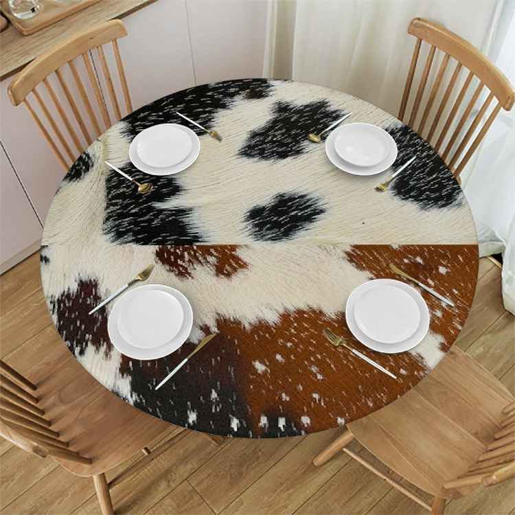 Qinduosi Cow Print Round Tablecloth Black Brown Round Fitted Tablecloth ...