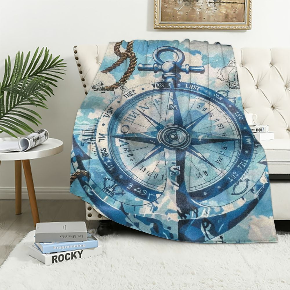Qinduosi Decor Sherpa Blanket Nautical Compass Blanket for Bed Couch ...
