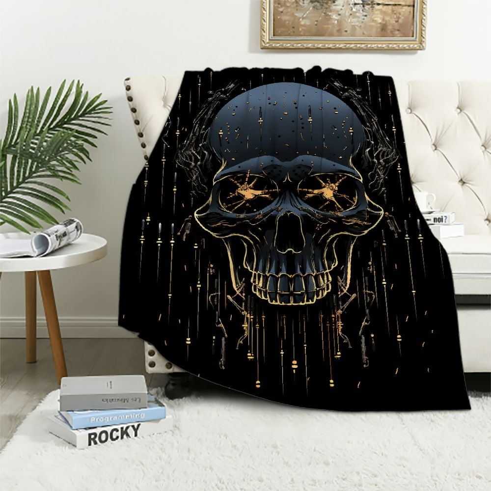 Qinduosi Flannel Sofa Blanket - Retro Skull Print Throw Blanket Smooth ...