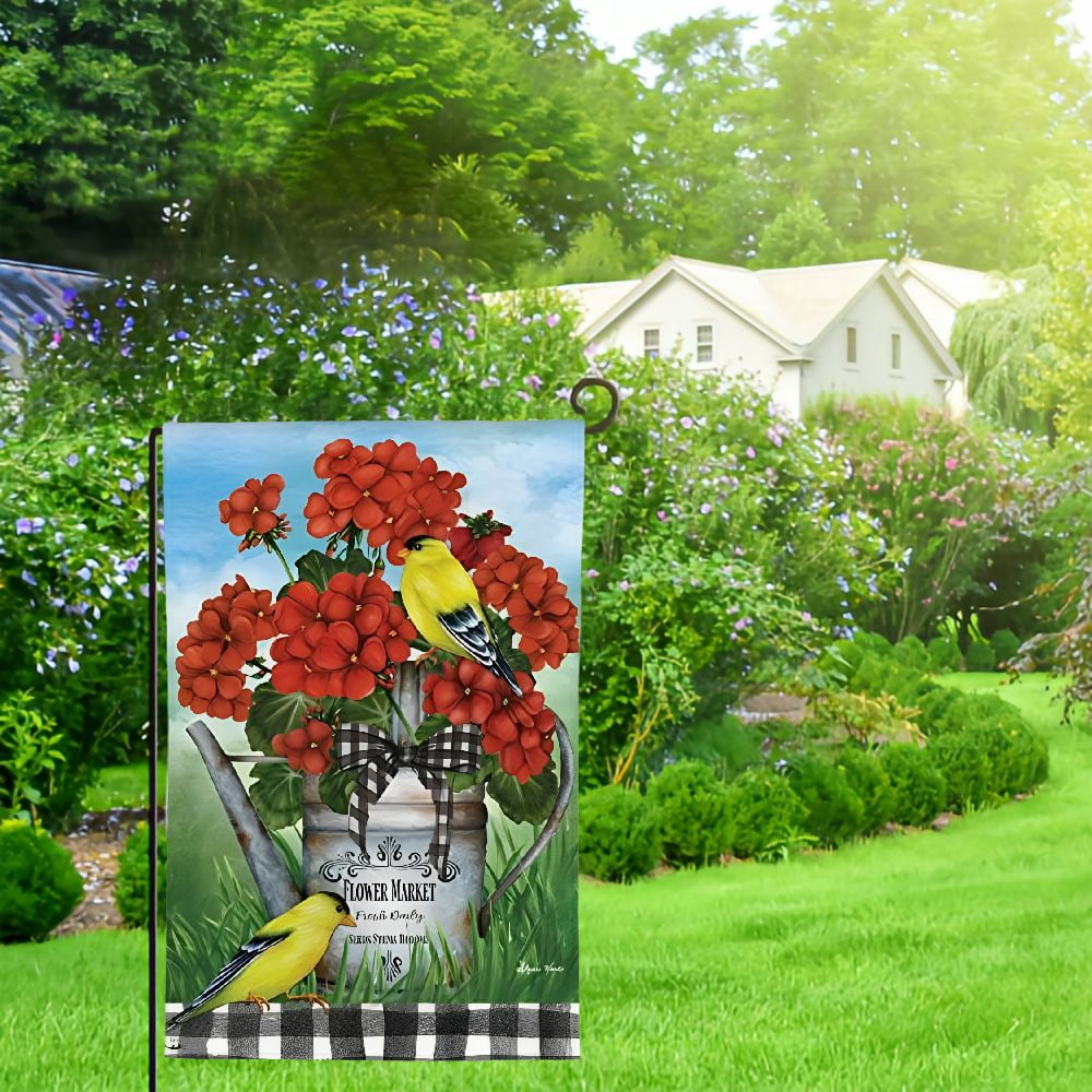 Qinduosi Geranium Watering Can Summer Goldfinches Birds Garden Flag ...