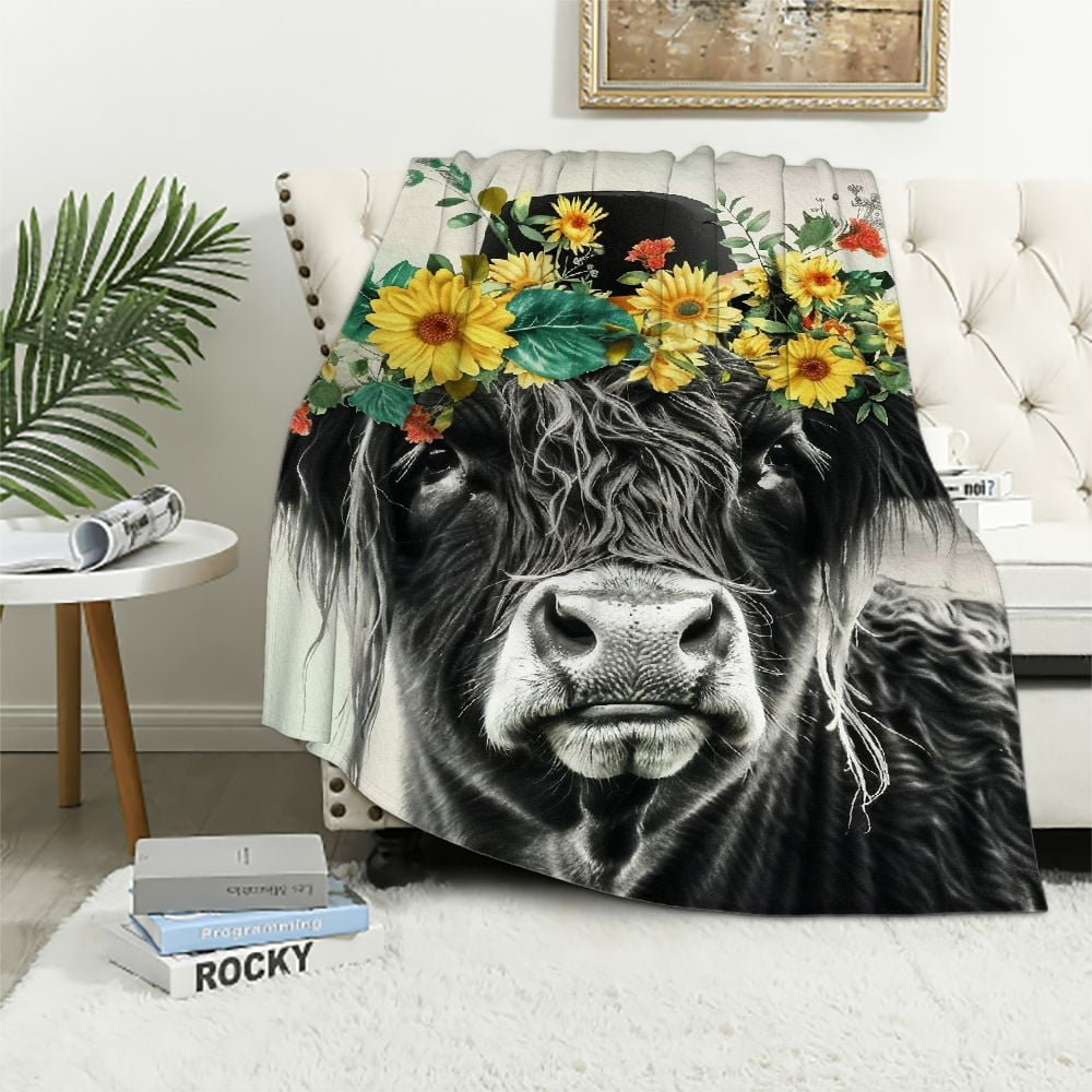 Qinduosi Highland Cow Fleece Throw Blanket Sunflower Floral Western Cow ...