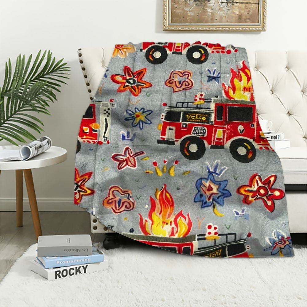 Qinduosi Kids Car Fleece Throw Blanket for Bed Couch Sofa Firemen ...