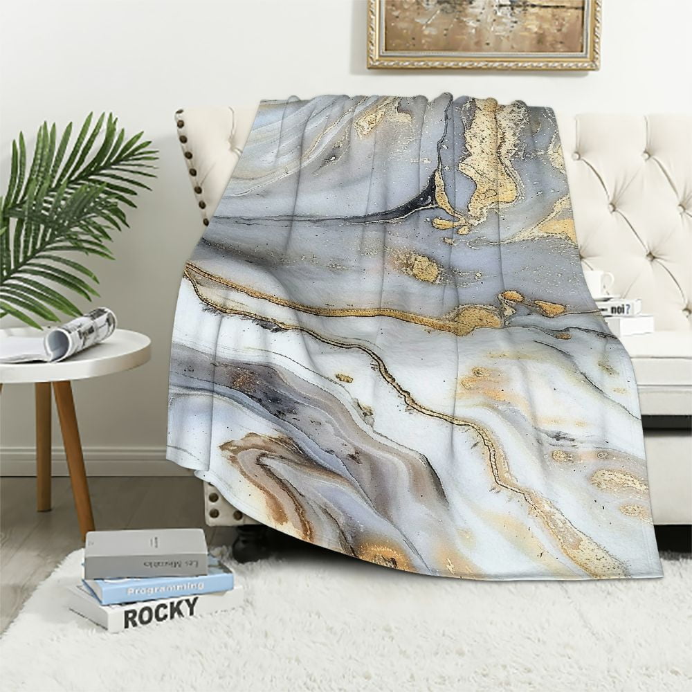 Qinduosi Marble Throw Blanket White Grey Gold Marble Pattern Plush ...