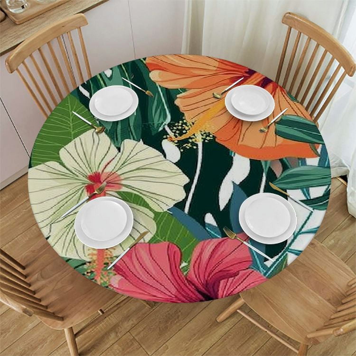 Qinduosi Palm Leaf Patterned Round Vinyl Tablecloth With Flannel ...