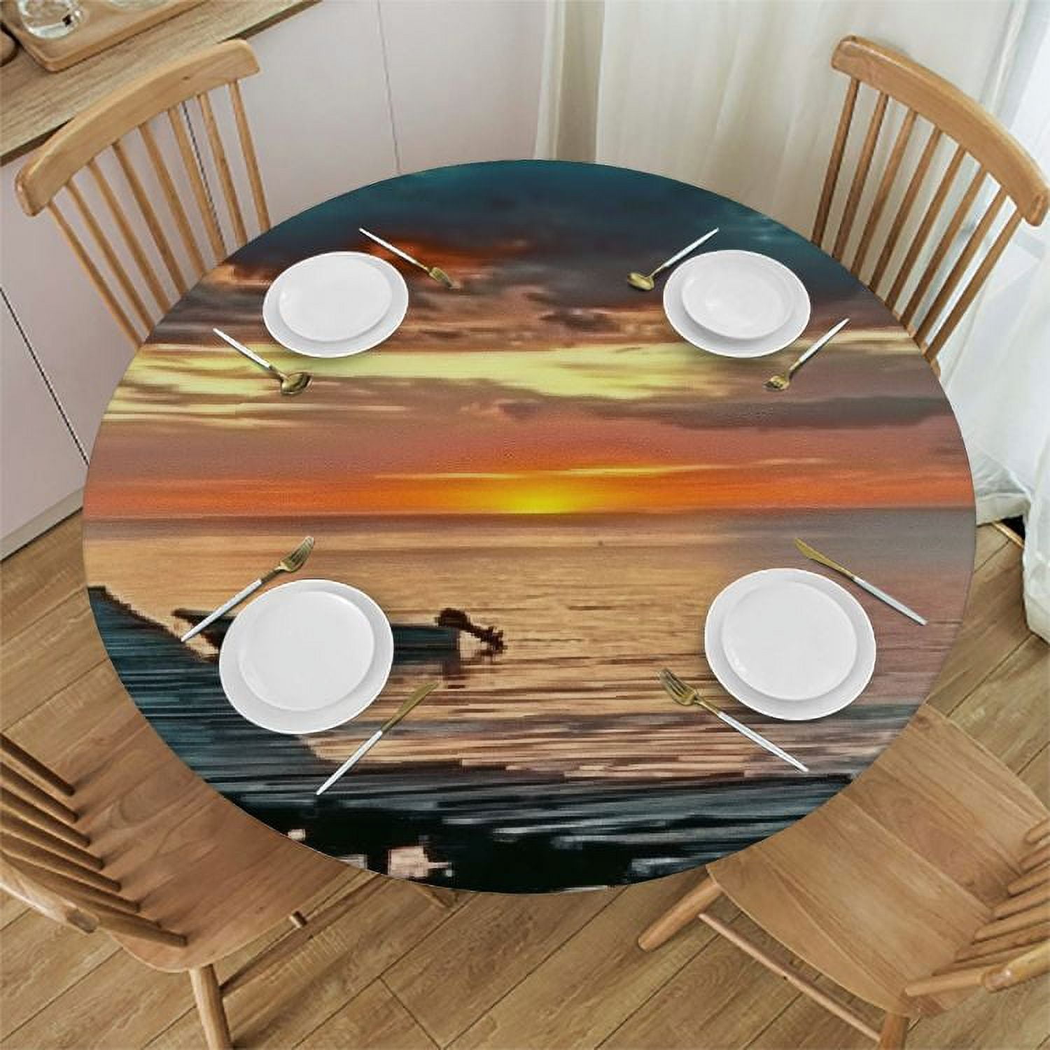 Qinduosi Pier Round Tablecloth with Elastic Edge, Wooden Plank Jetty ...