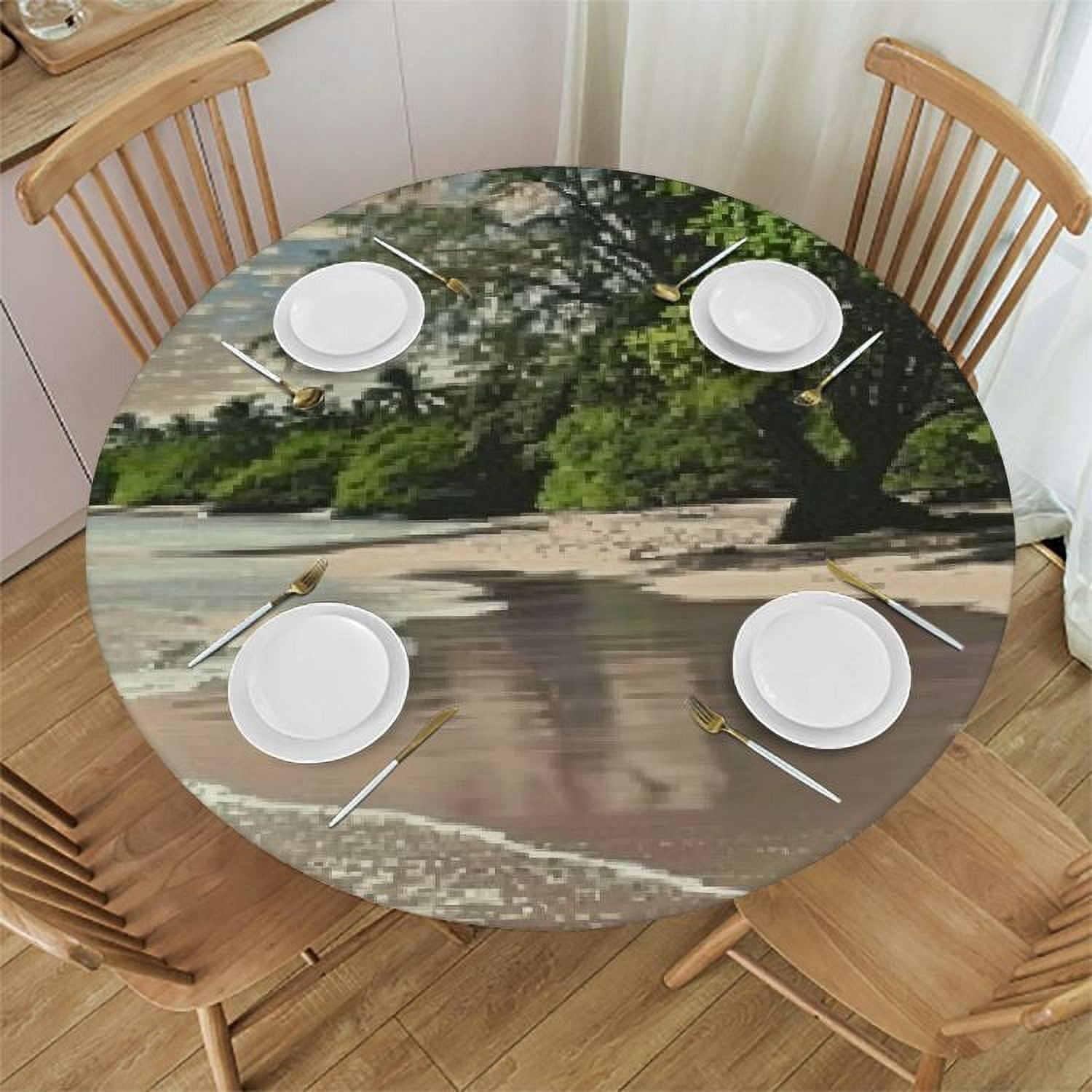 Qinduosi Round Tablecloth with Elastic Edge, Ocean al Palm Trees on ...