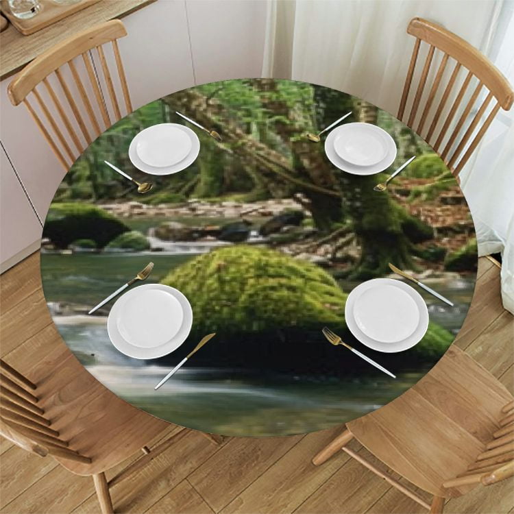 Qinduosi Round fitted tablecloth, Stream Flowing in Forest Mossy Rocks ...