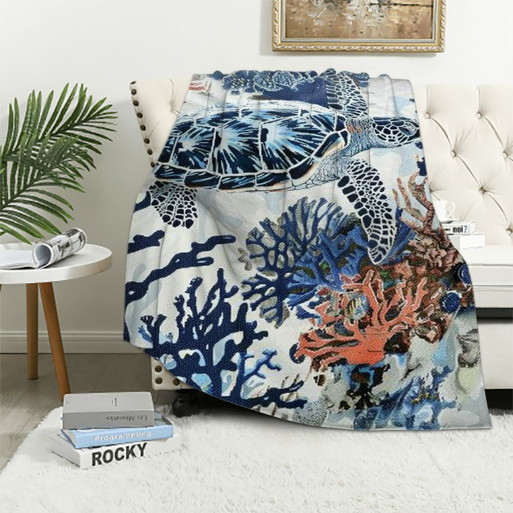 Qinduosi Turtle Blanket White Blue Sea Turtle Throw Blanket Plush ...