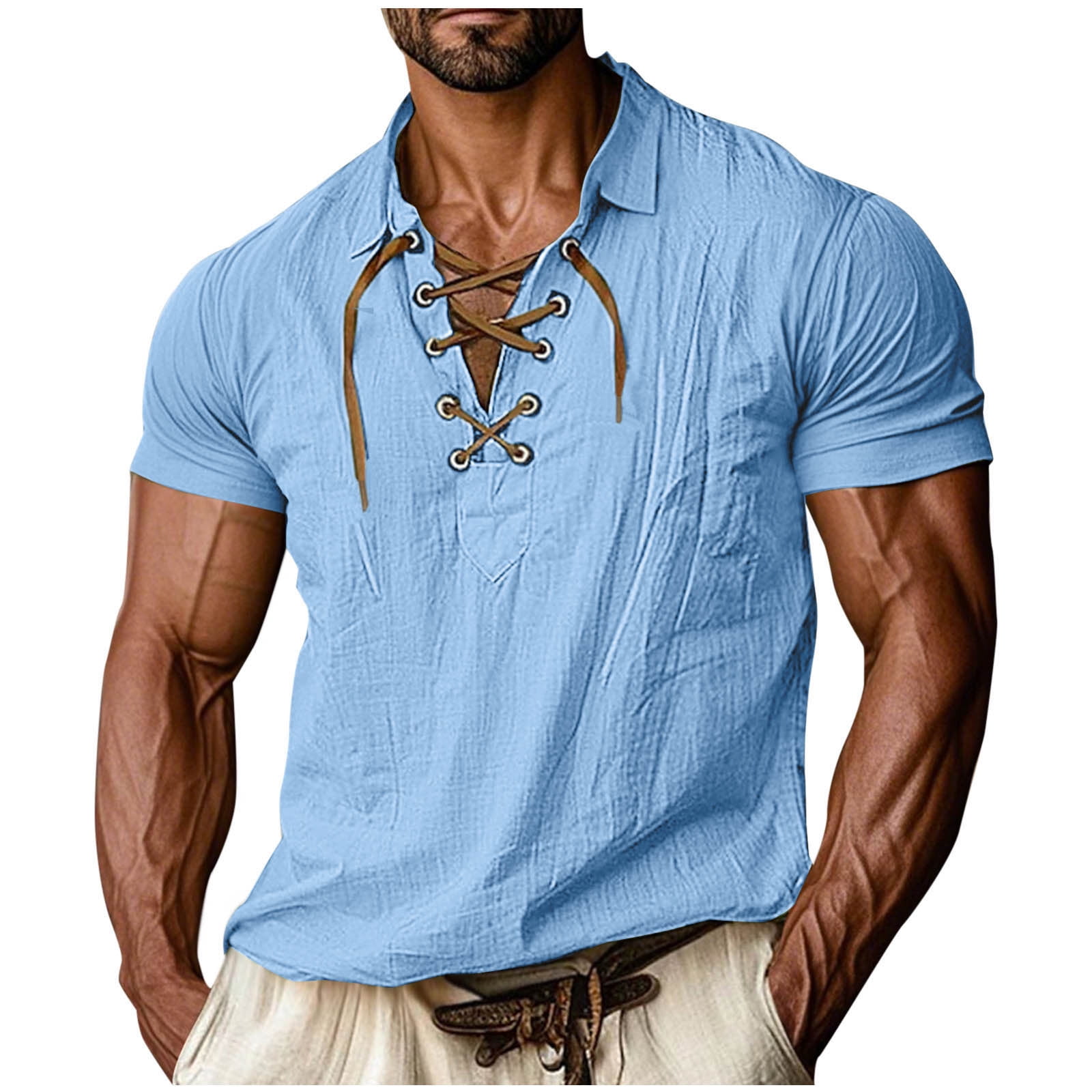 QingYiHua Big and Tall Shirts for Men Summer Shirts Stylish Vintage Short Sleeve Lace Up Shirts ...