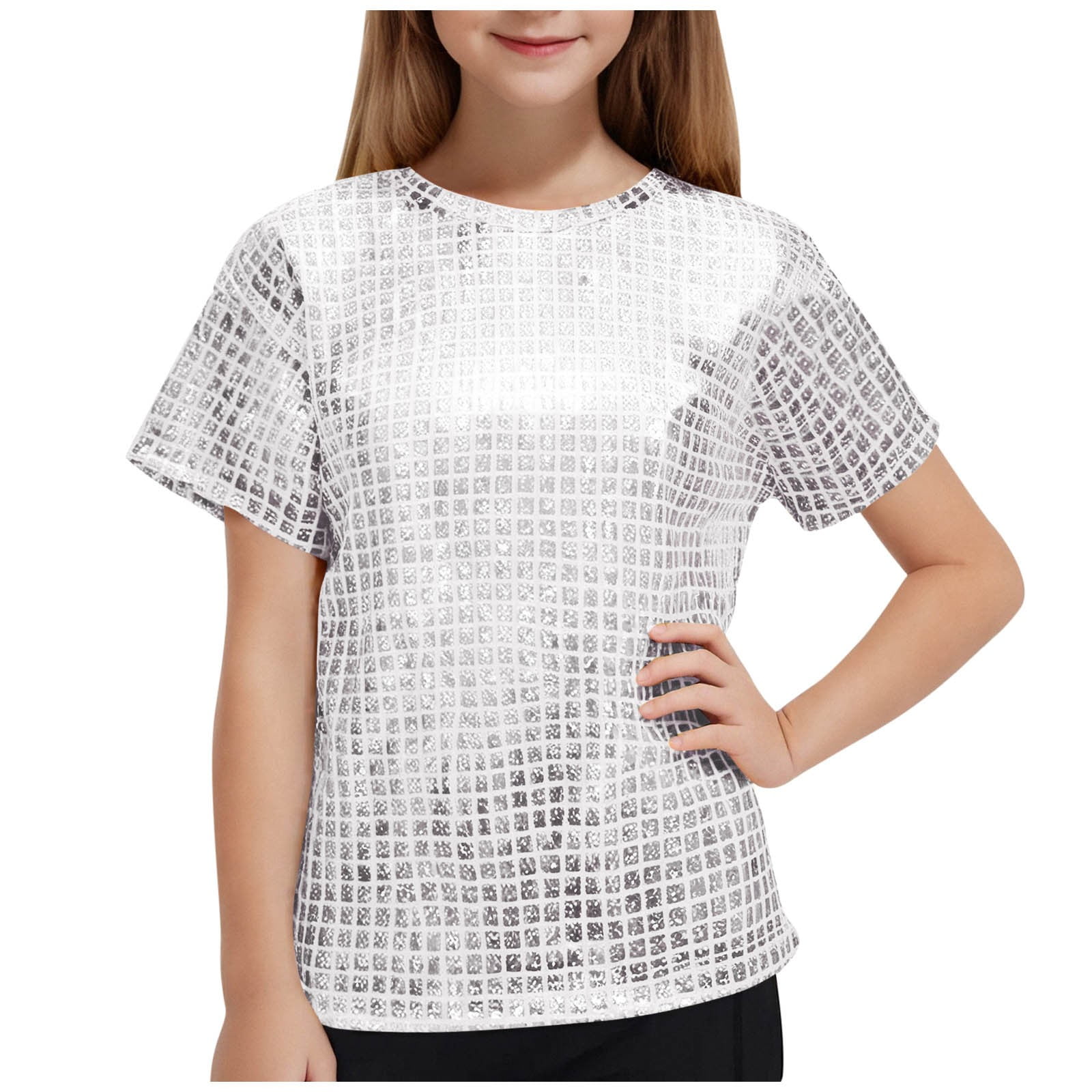 QingYiHua Girls Performance Outfit Sequin Short Sleeved T-Shirt Round Necktop Metallic Shimmer ...