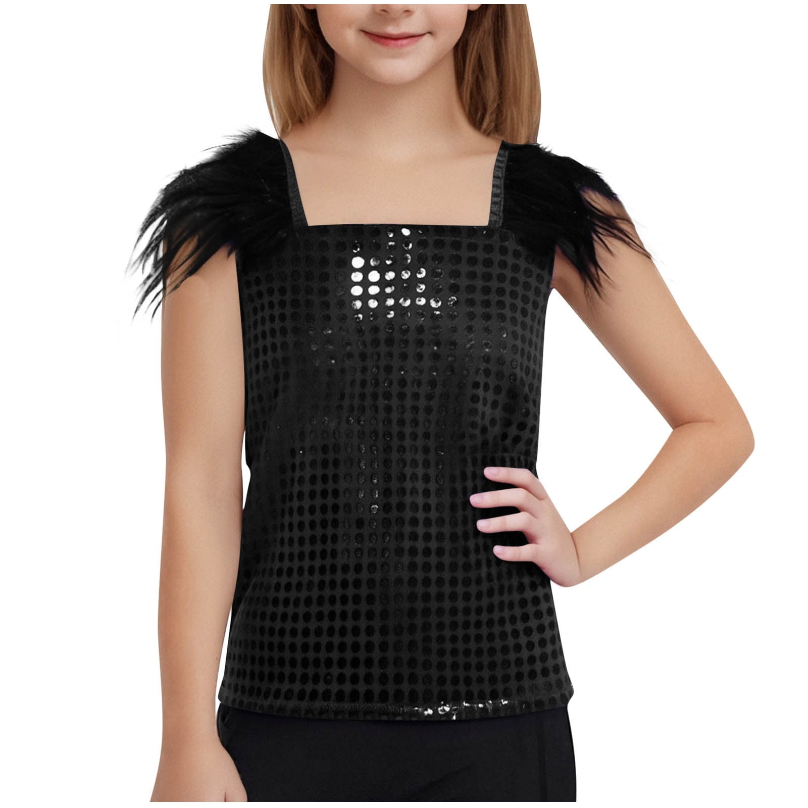 QingYiHua Girls Sparkly Sequin Tops Sleeveless Glitter Dressy Blouses ...
