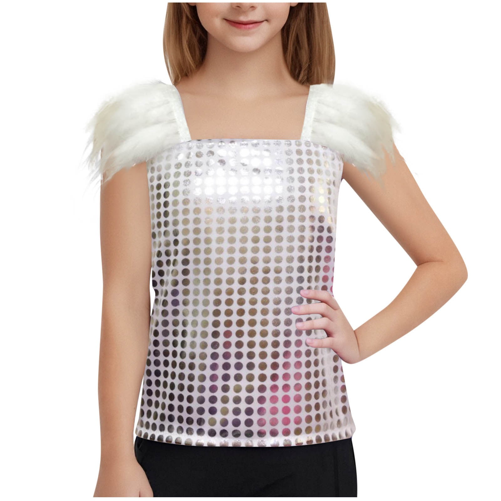 QingYiHua Girls Sparkly Sequin Tops Sleeveless Glitter Dressy Blouses ...