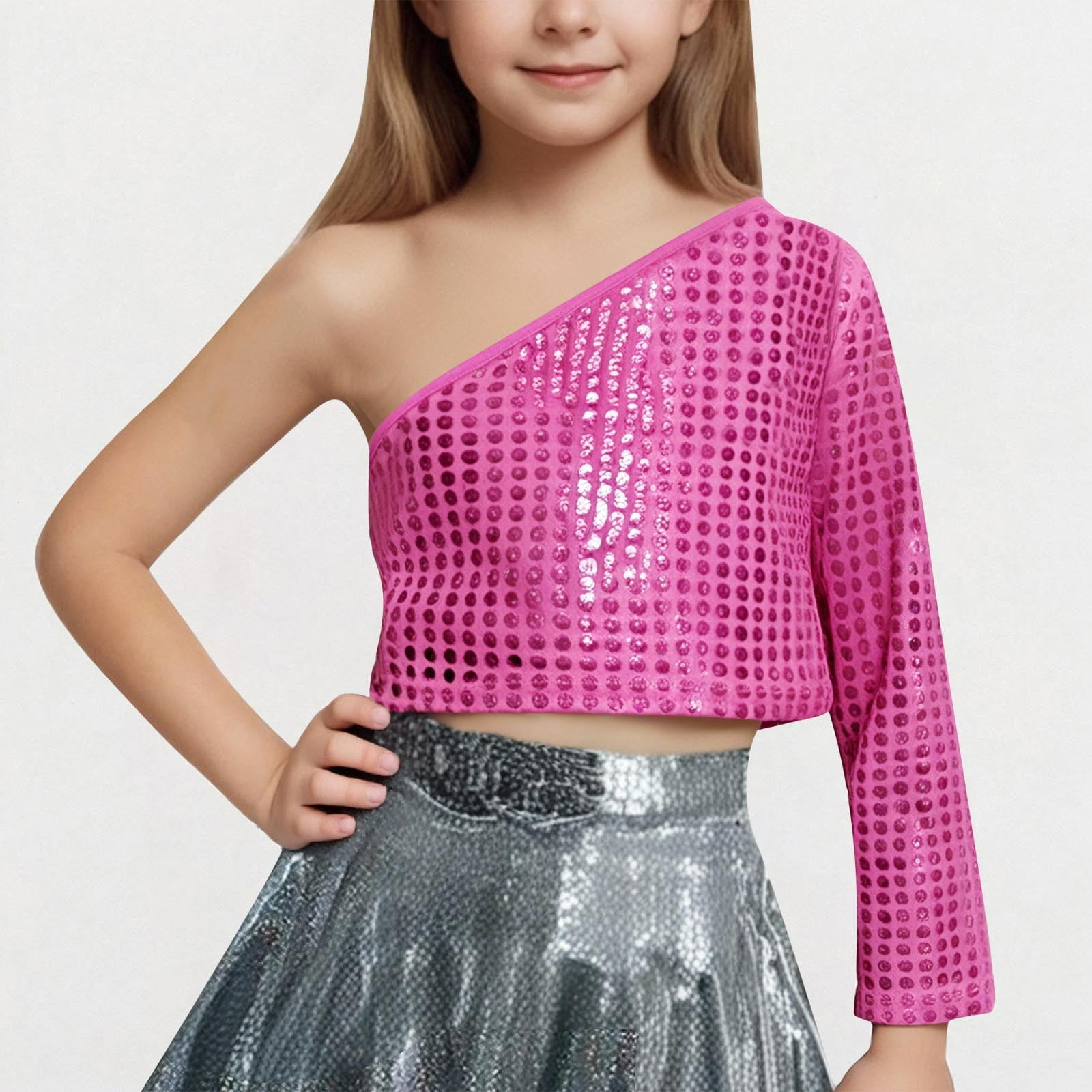 QingYiHua Kids Girls One Shoulder Long Sleeve Sequins Crop Top Athletic ...