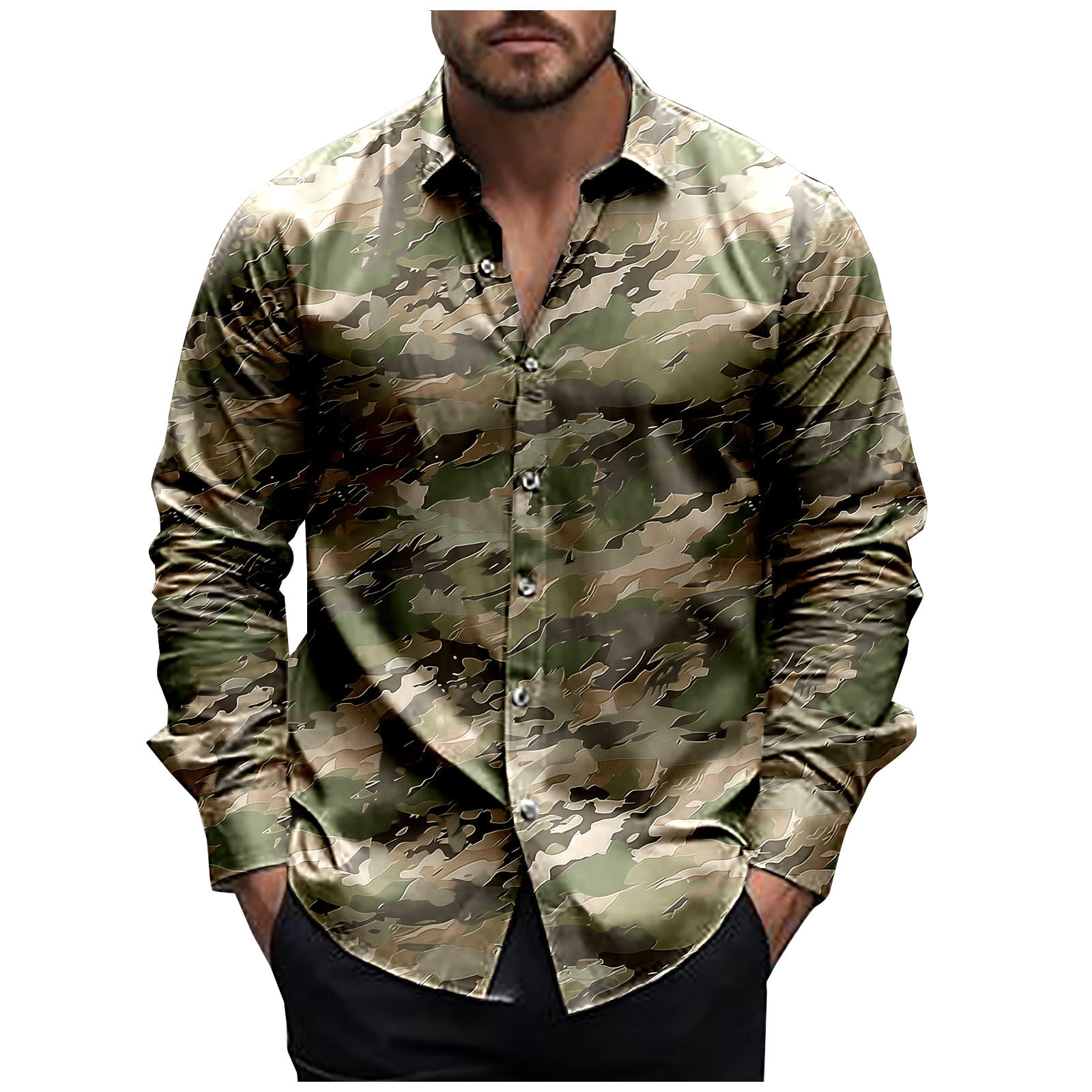 QingYiHua Men's Button-Down Shirts Fashionable Camouflage Print Casual Long Sleeve Turndown ...
