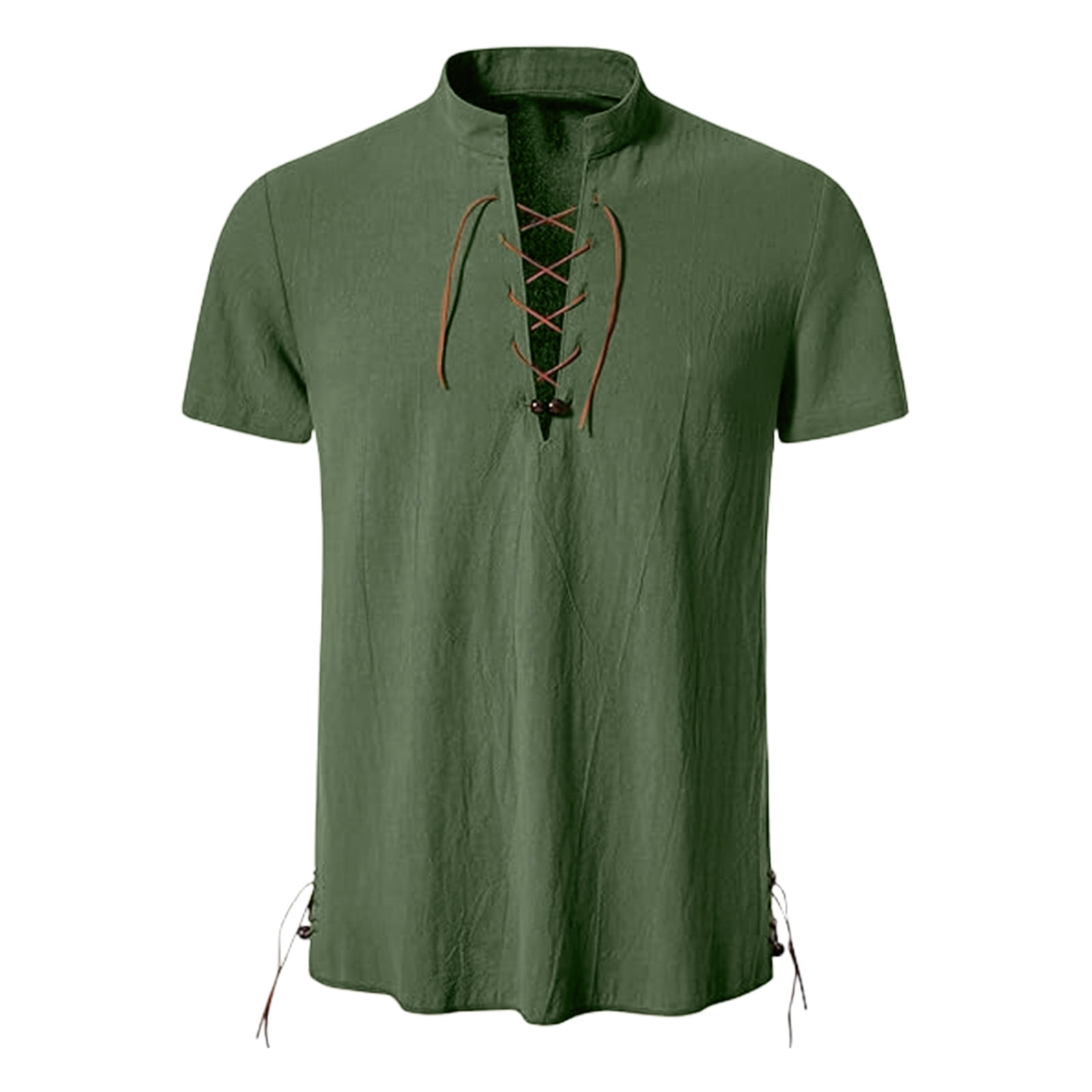 QingYiHua Mens Short Sleeve Shirts Lace Up Stand Up Collar Shirt Turndown Collar Beach Vacation ...