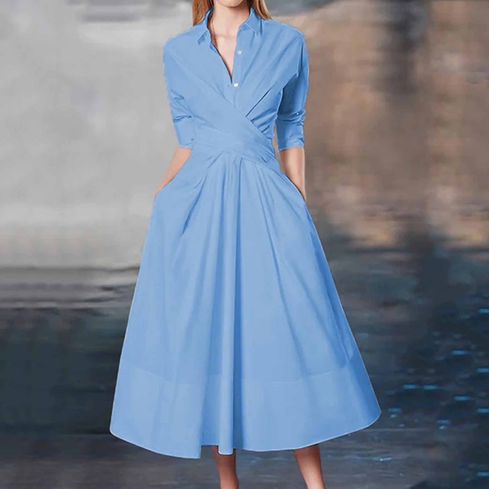 QingYiHua Womens Summer Dresses with Pockets Long Sleeve Fashion Solid ...