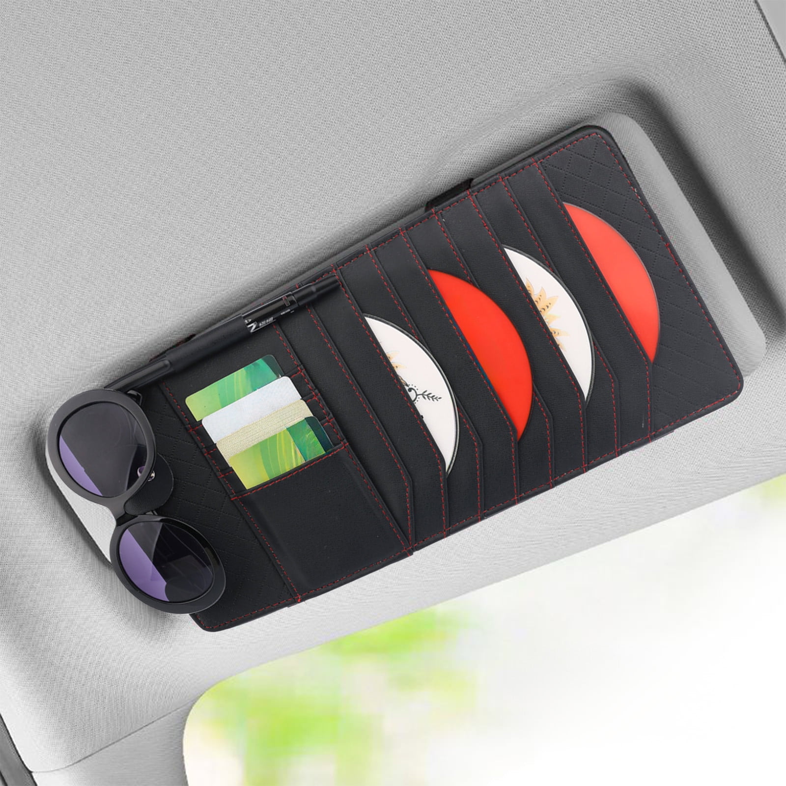 Isvgxsz Car Sun Visor CD Storage Bag, Multi-pocket Leather Layered ...