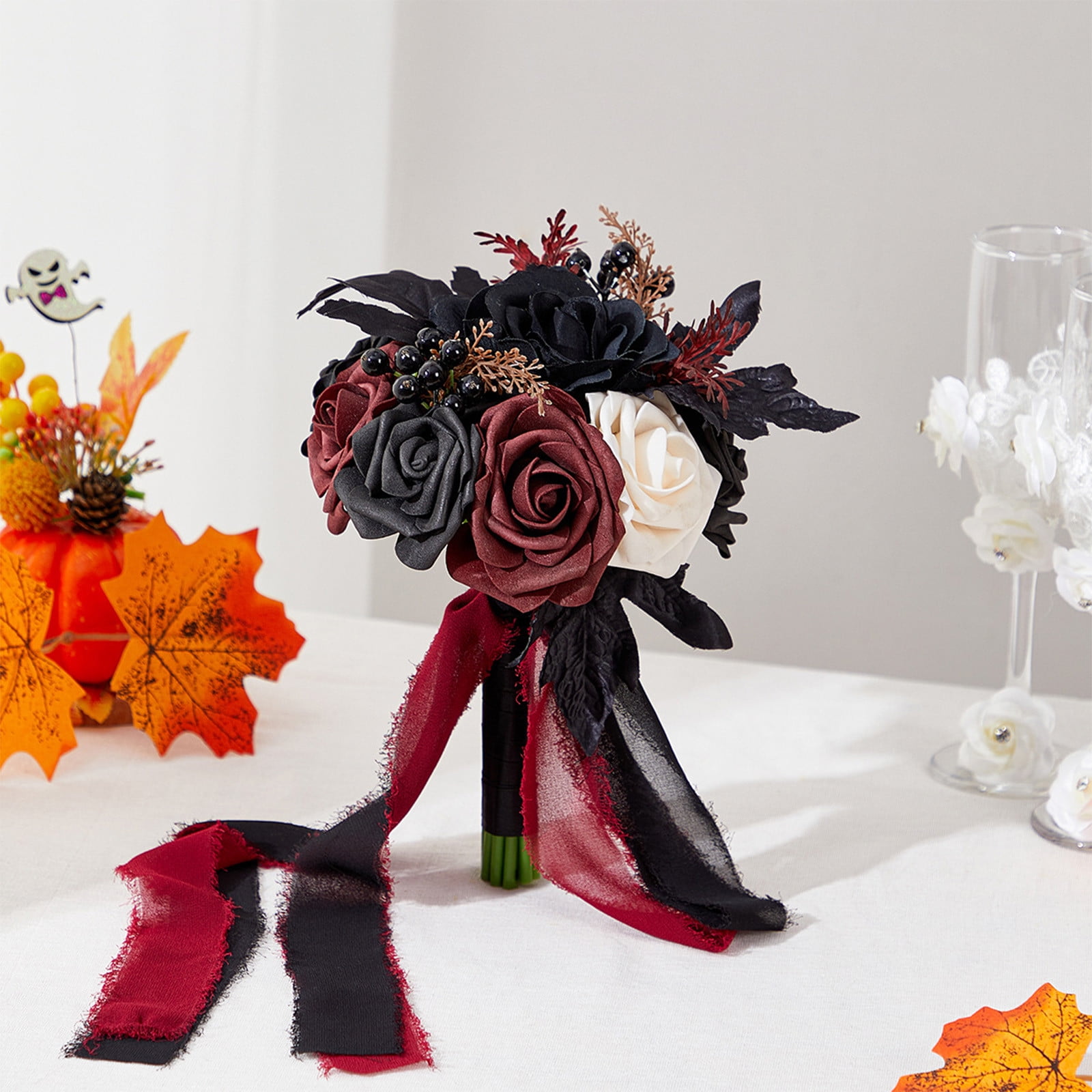 Halloween Sales Halloween Scary Table Decorations Maple Leaf Black Rose ...