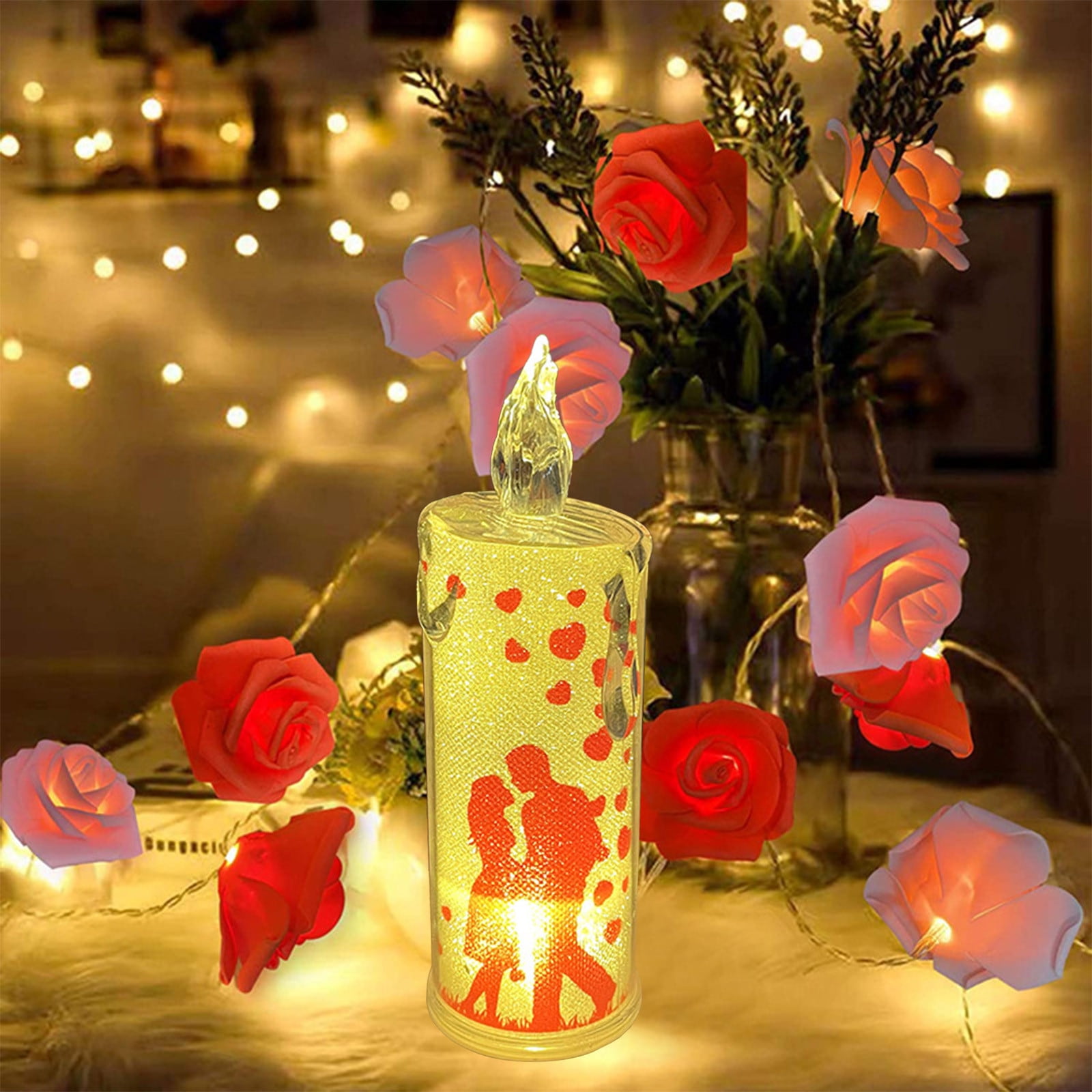 Isvgxsz Valentines Day Glitter Red Hearts Flickering Flameless Candles ...