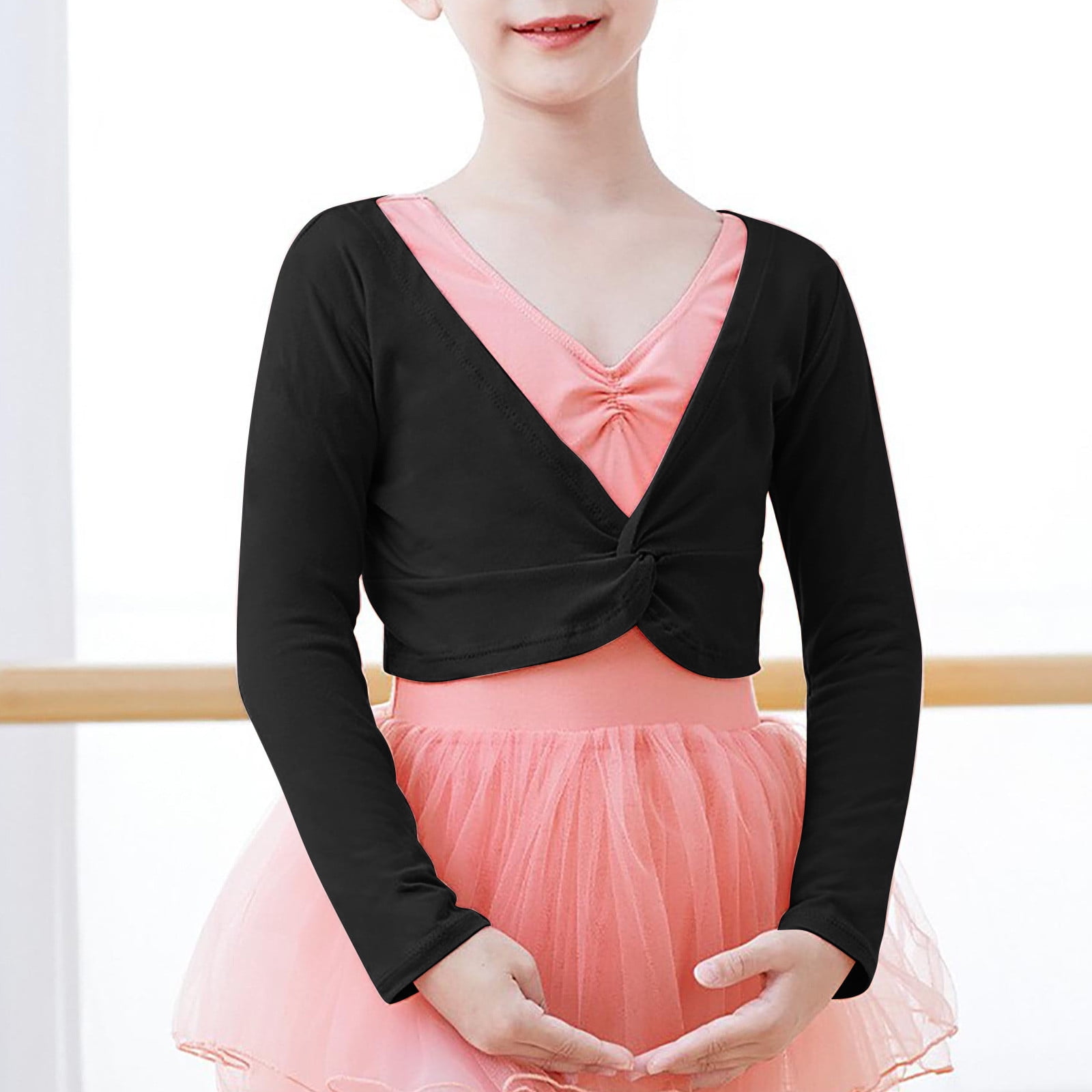 Qingpeng Girl's Dance Crop Tops Ballet Wrap Shrug Long Sleeve Sweater ...