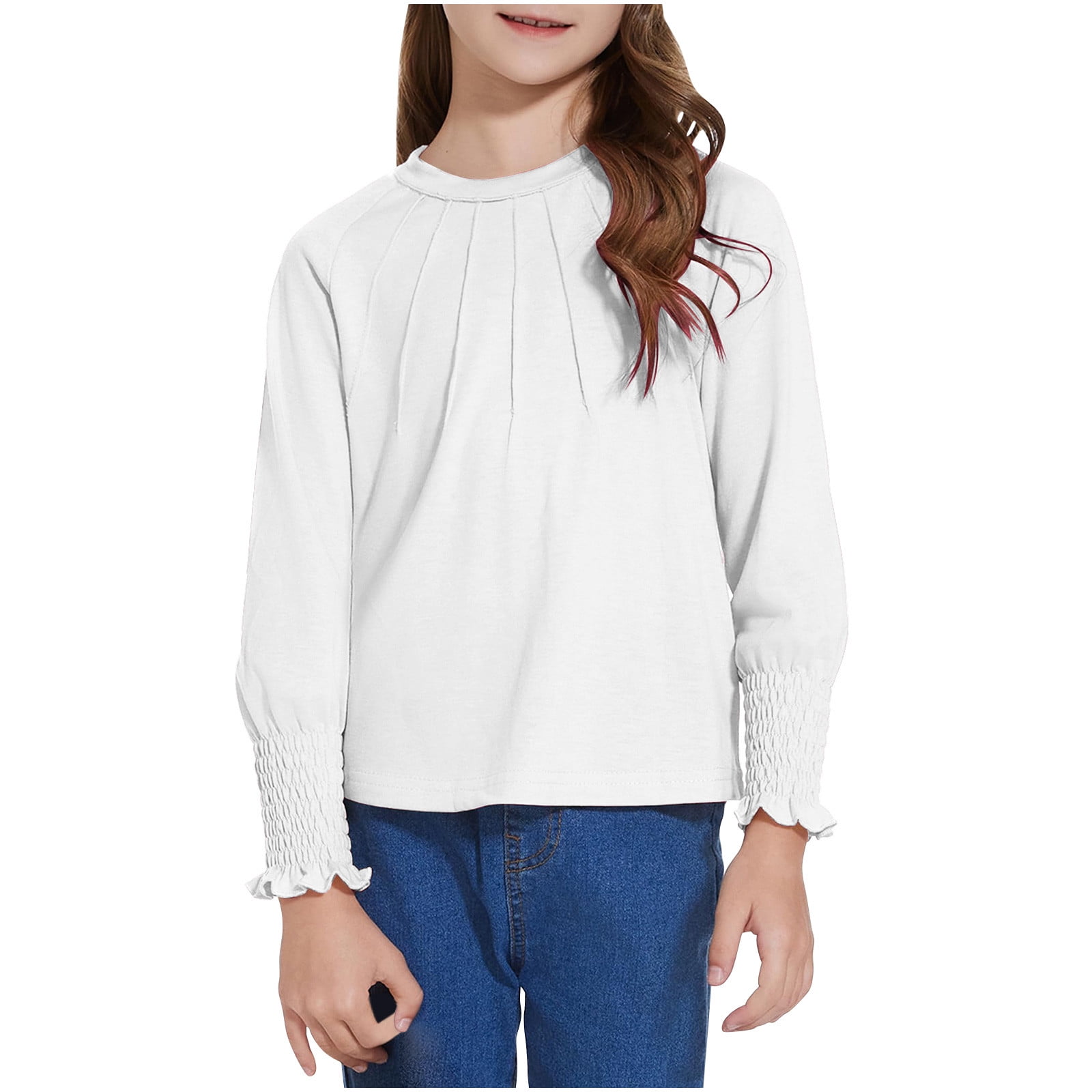 Qingpeng Girls Tops Long Sleeve Pleated Shirts Crew Neck Blouses for ...