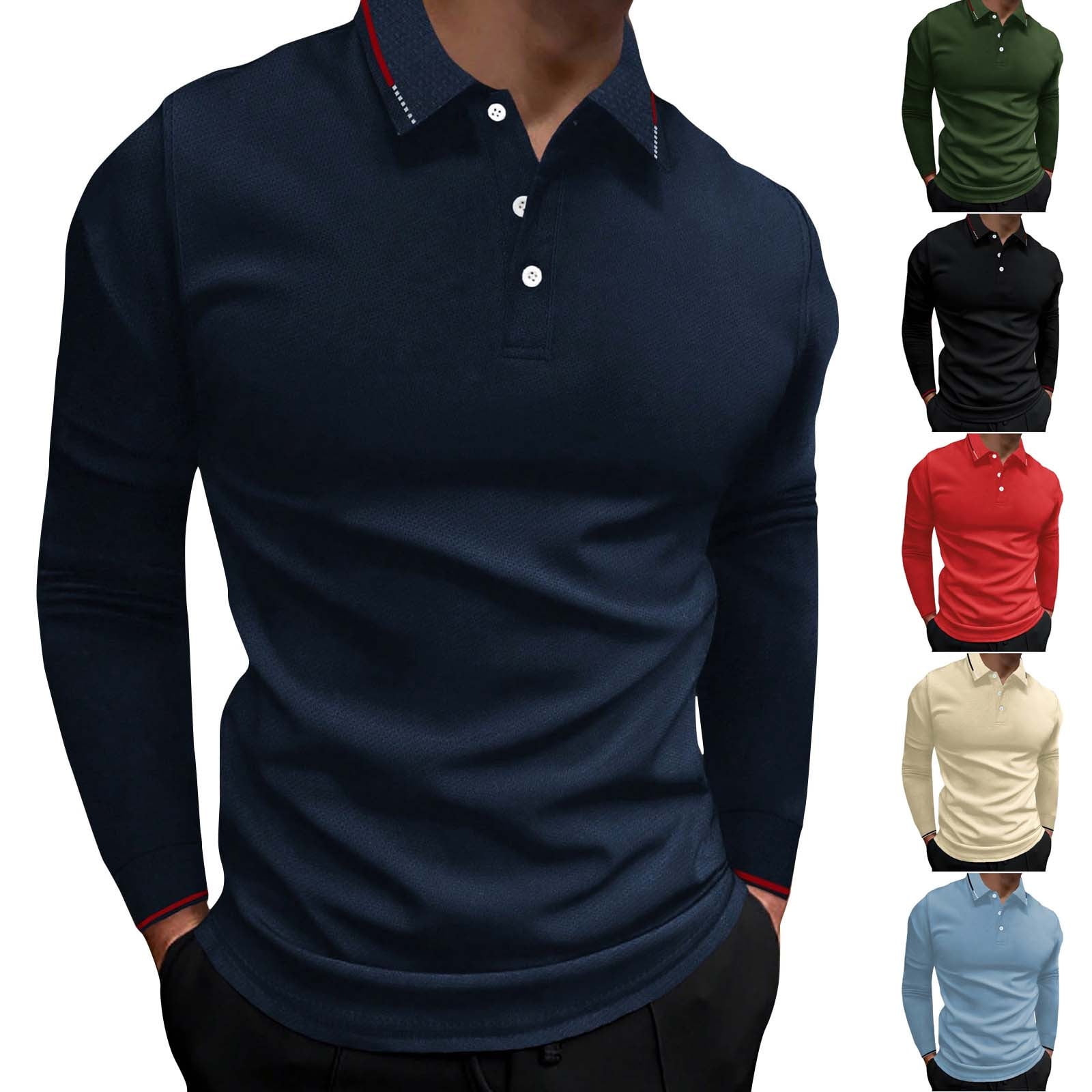 Qingpeng Men's Lapel T-Shirts Regular-Fit Quick-Dry Striped Long Sleeve ...
