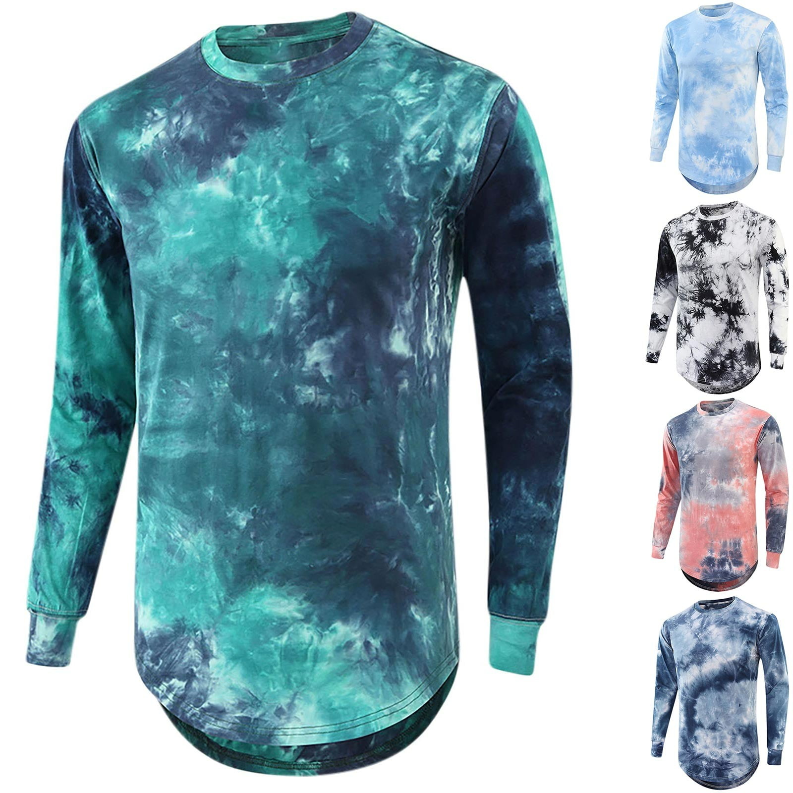 Qingpeng Men's Tie Dye Print Crewneck Long Sleeve Gym T-Shirt Casual ...