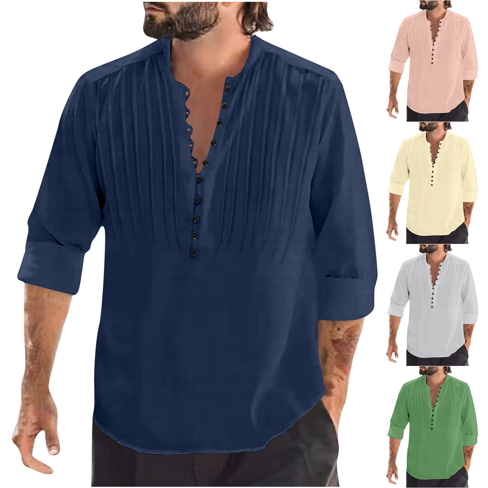 Qingpeng Mens Cotton Linen Shirts 3/4 Sleeve Casual T-Shirt Lightweight ...