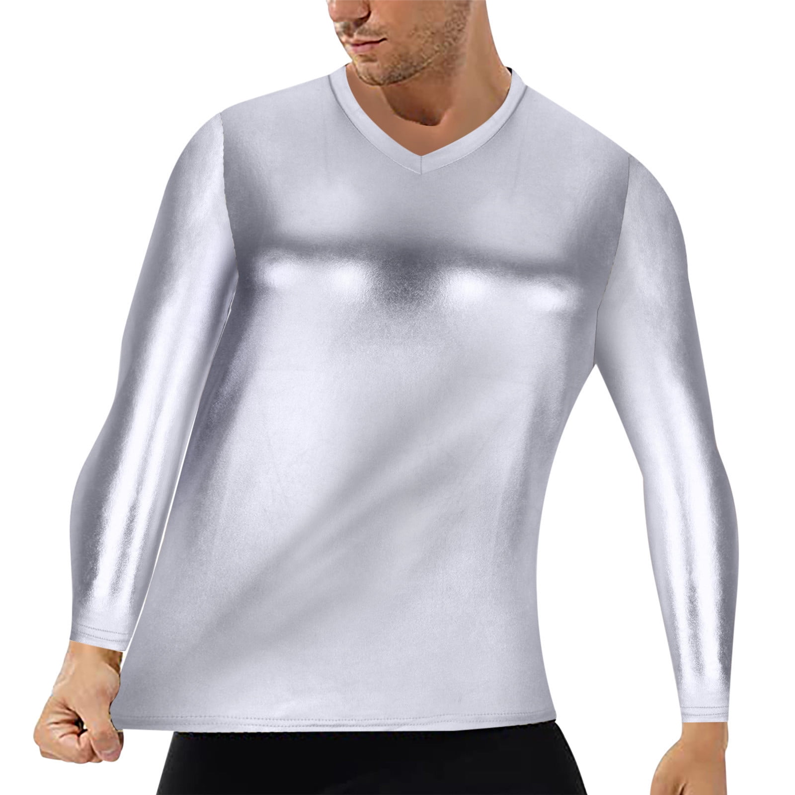 Qingpeng Mens Shirts Tunic Tops Metallic Shiny Wet Look T-Shirt Patent ...