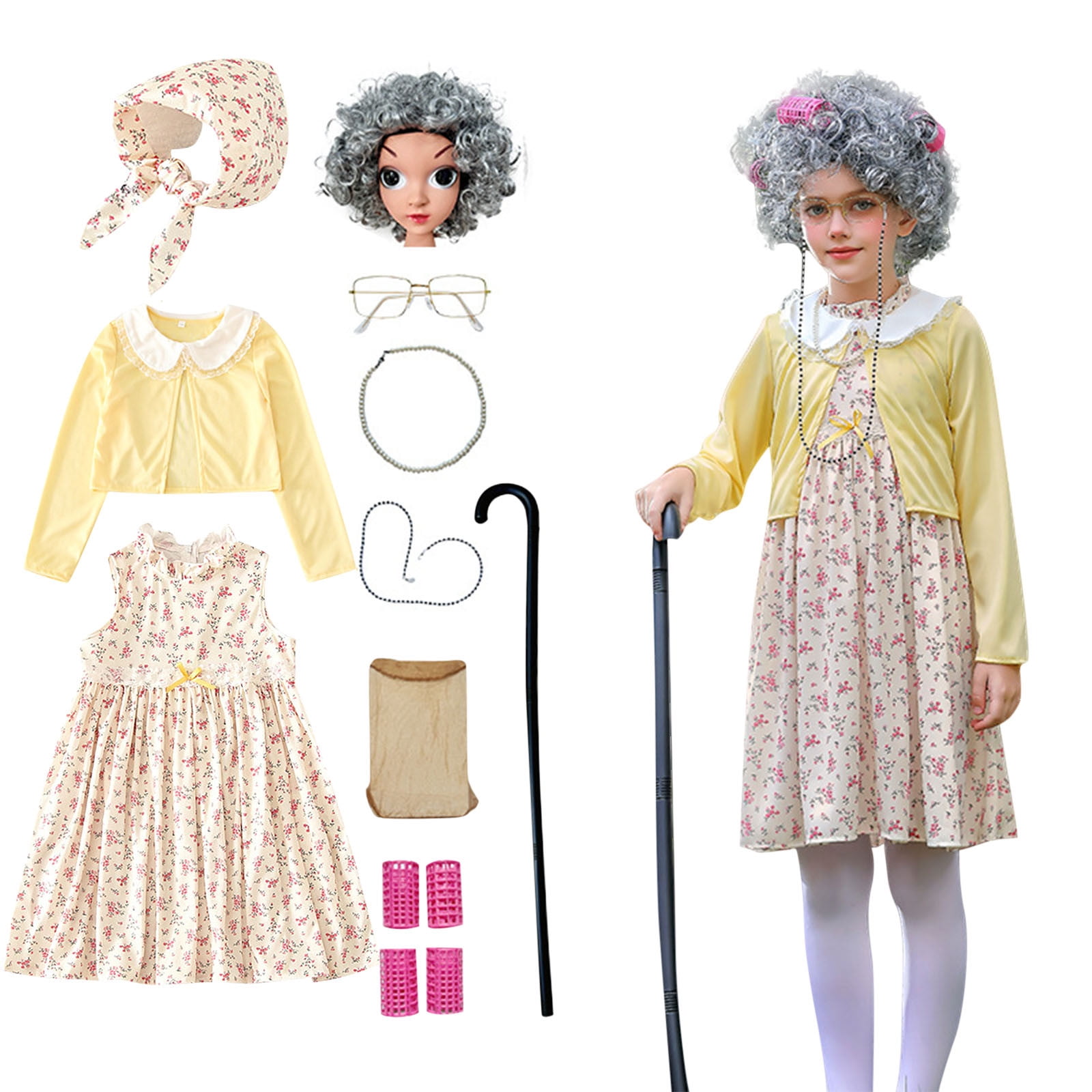 Qingpeng Old Lady Dress Up for Kids, 100th Day School Granny Wig ...