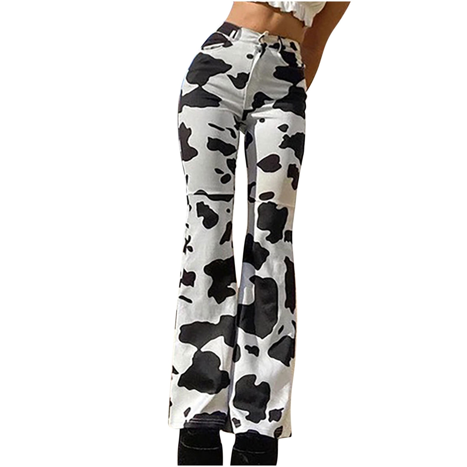 Qingpeng Womens Cow Print Jeans High Waisted Flare Bell Bottom Denim ...