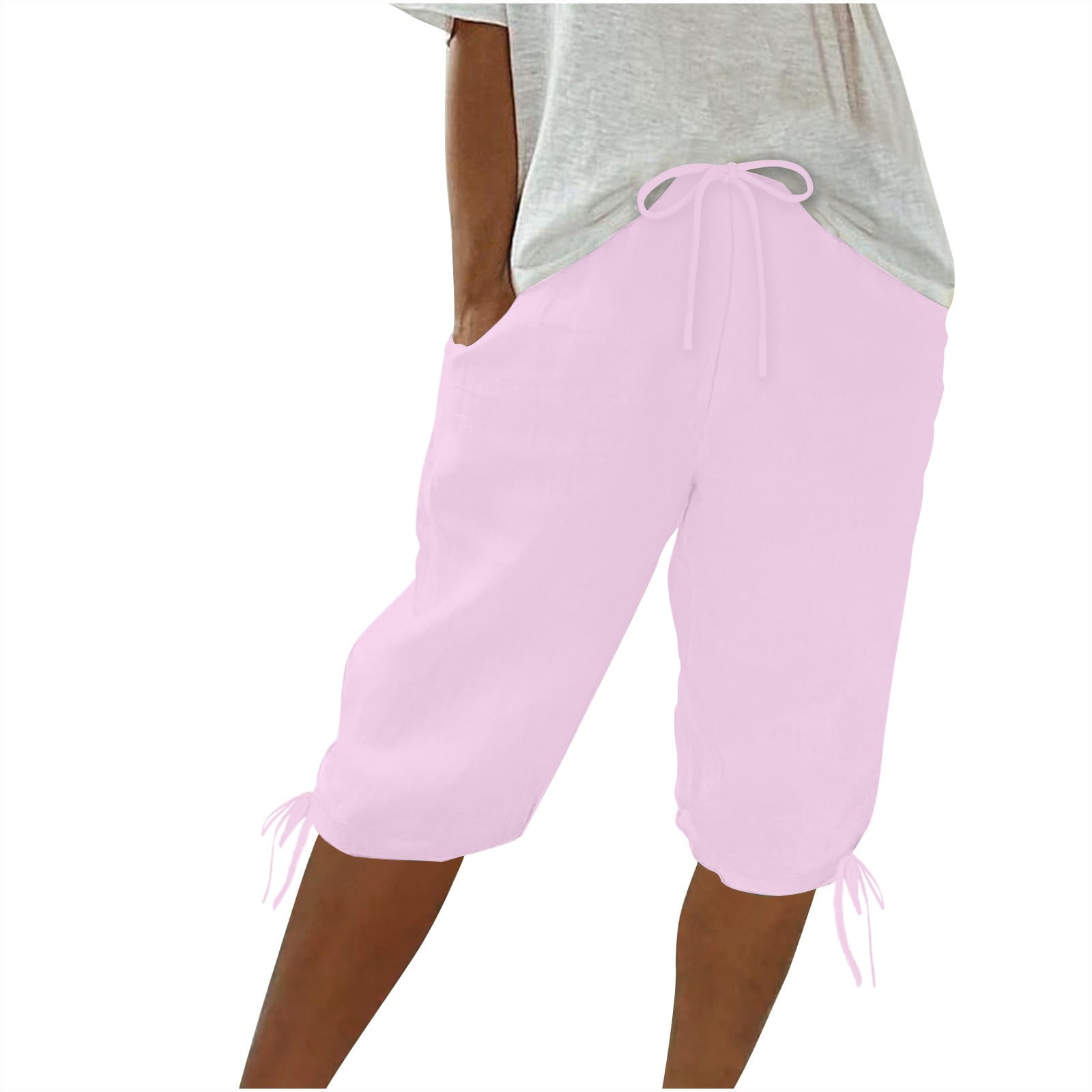 Qingpeng Womens Elastic Drawstring Waisted Cotton Linen Capris Side ...