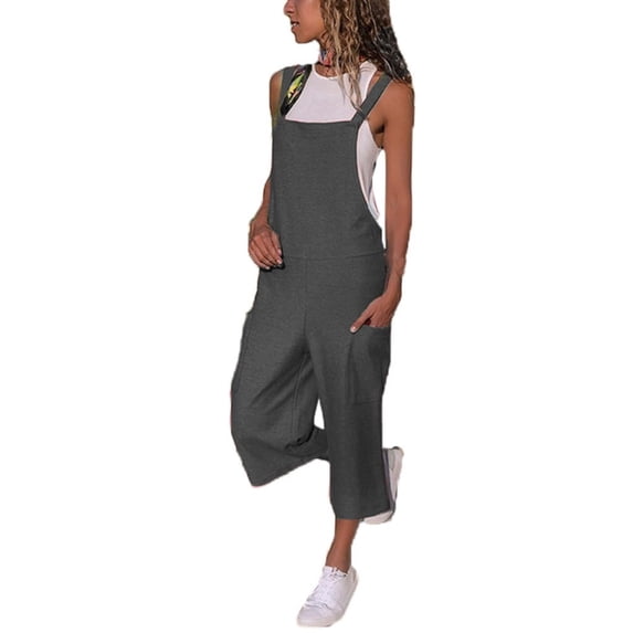Qingpeng Womens Plus Size Summer Linen Overalls Sleeveless Solid Capri ...