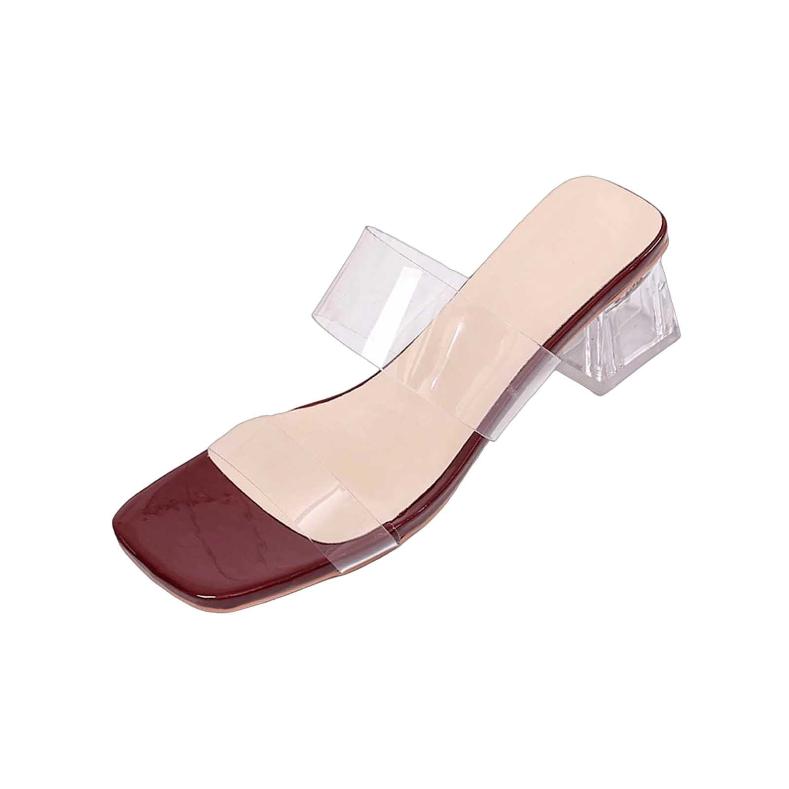 Qingpeng Womens Transparent Open Toe Sandals Chunky Heel One Line Toe ...