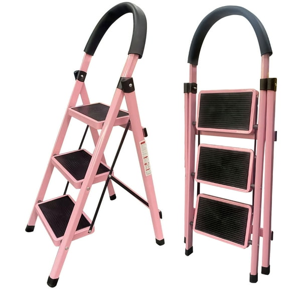 3 Step Aluminum Folding Ladder - Black & Wood Grain, 300 lbs Capacity ...