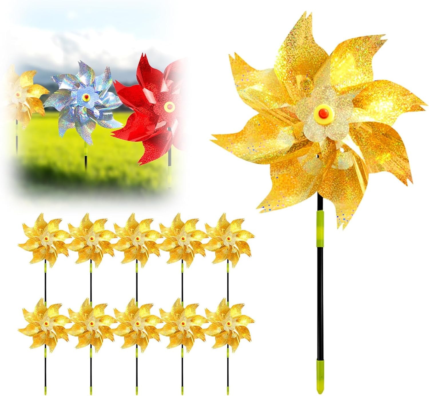 Qingshang Bird Deterrents for Outside,10 Pack Reflective Pinwheels for ...