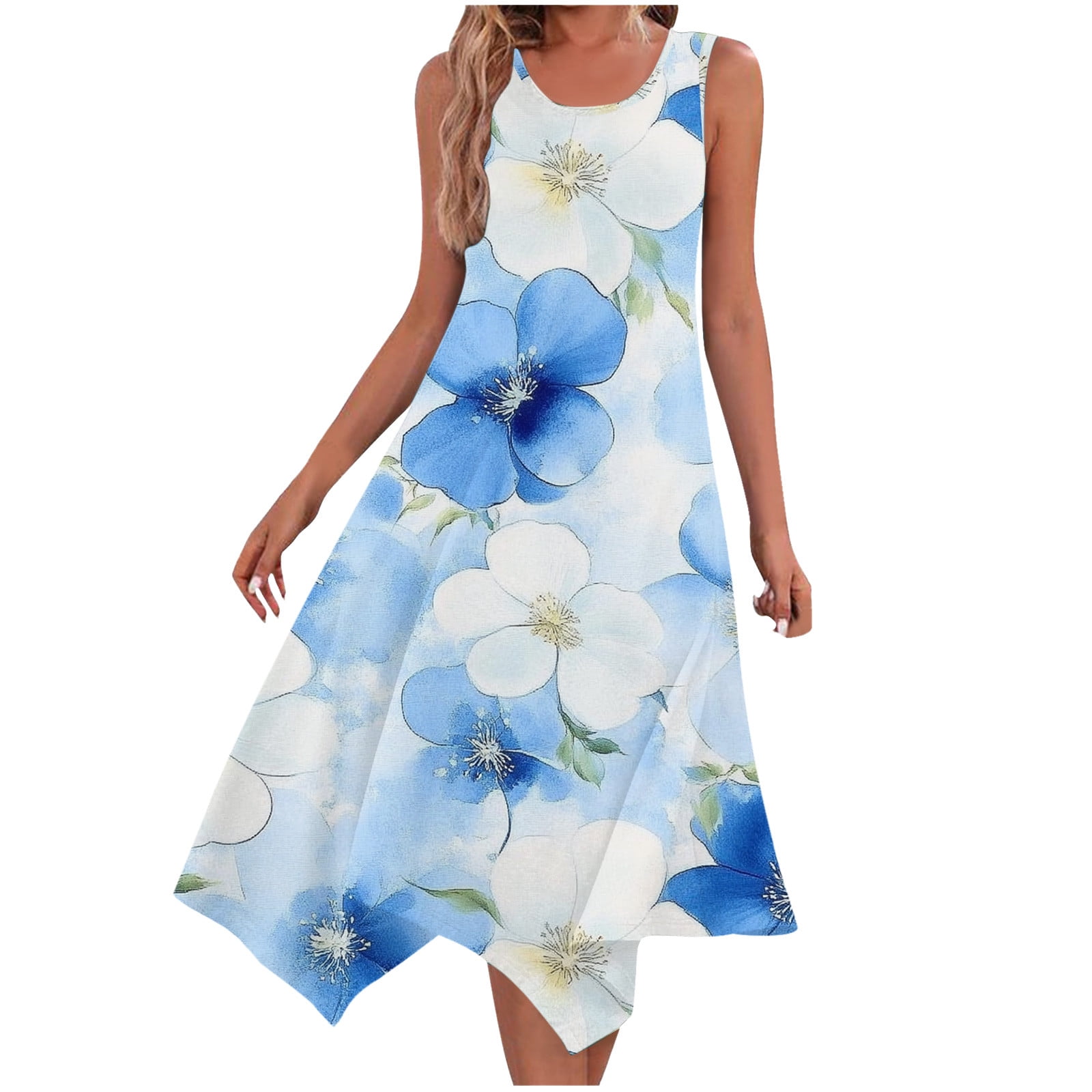 Qiopertar Women's Sleeveless Midi Dress Summer 2025 Handkerchief Hem A ...